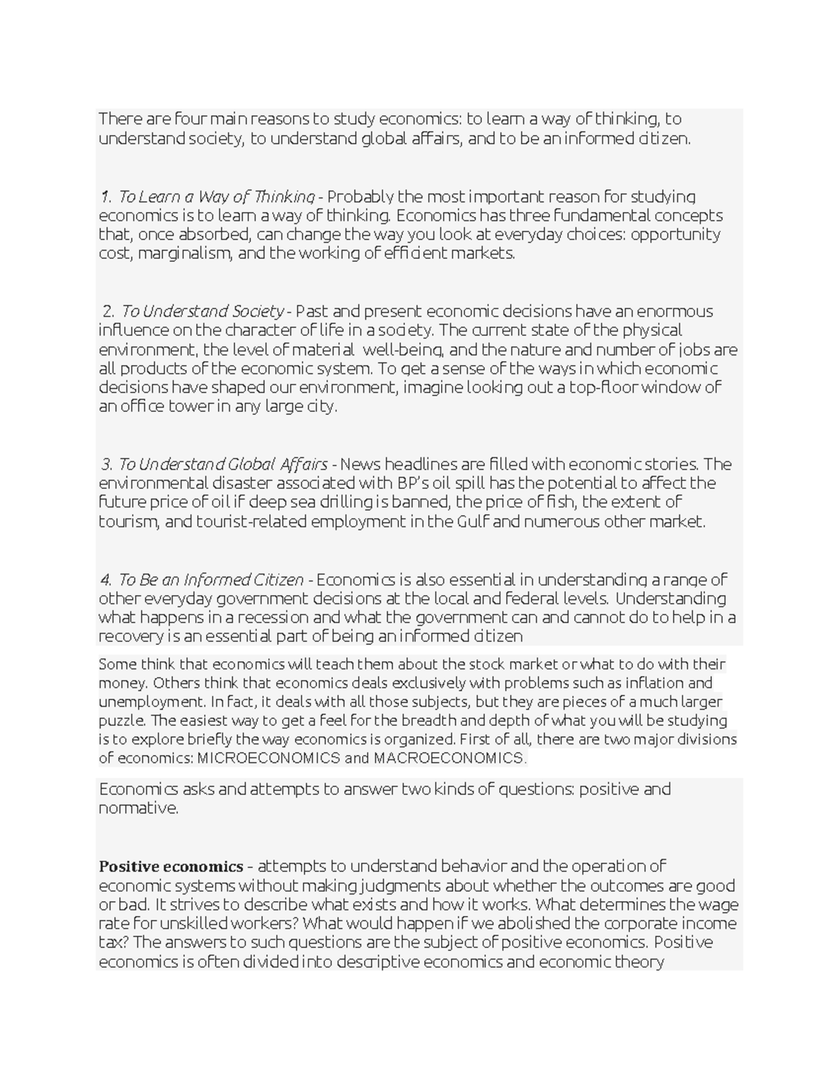 There are four main reasons to study economics - 1. To Learn a Way of ...