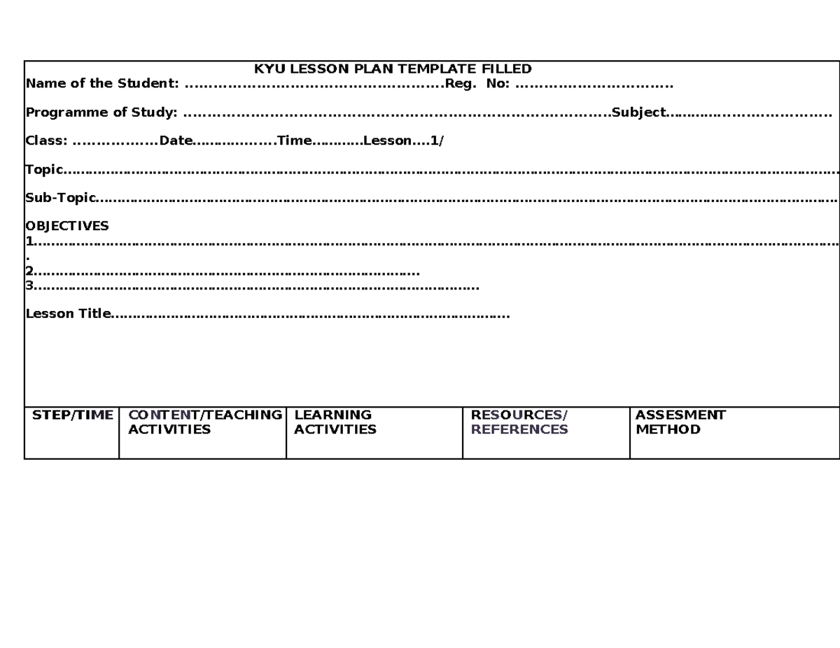 Lesson 5b KYU Lesson PLAN Template Filled - KYU LESSON PLAN TEMPLATE ...