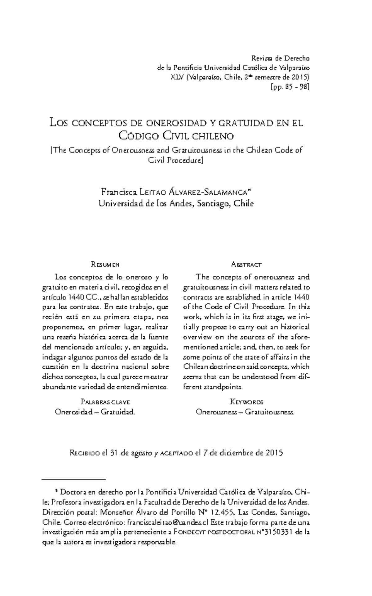 Conceptos de onerosidad y gratuidad CC - AbstrAct The concepts of ...