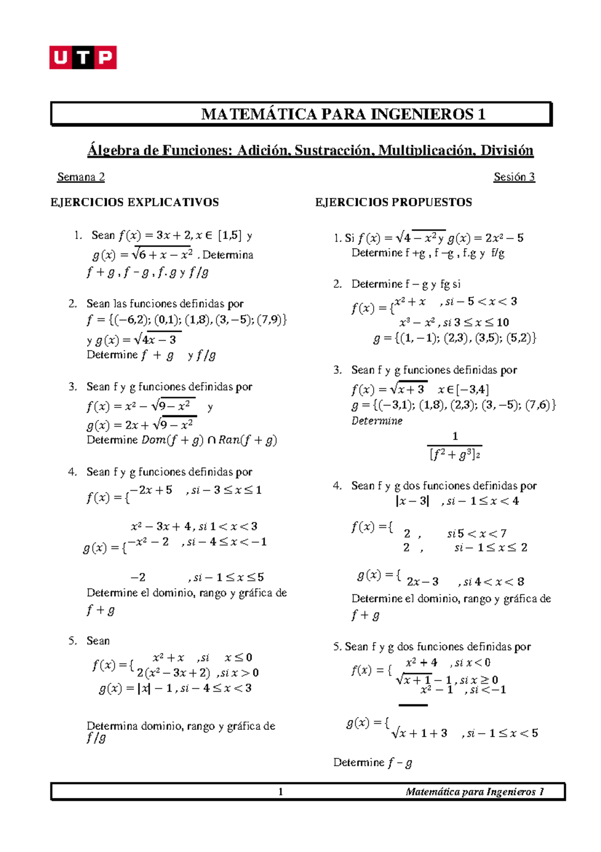 S02.s1- Separata-Álgebra de funciones - 1 Matemática para Ingenieros 1 Álgebra de Funciones ...