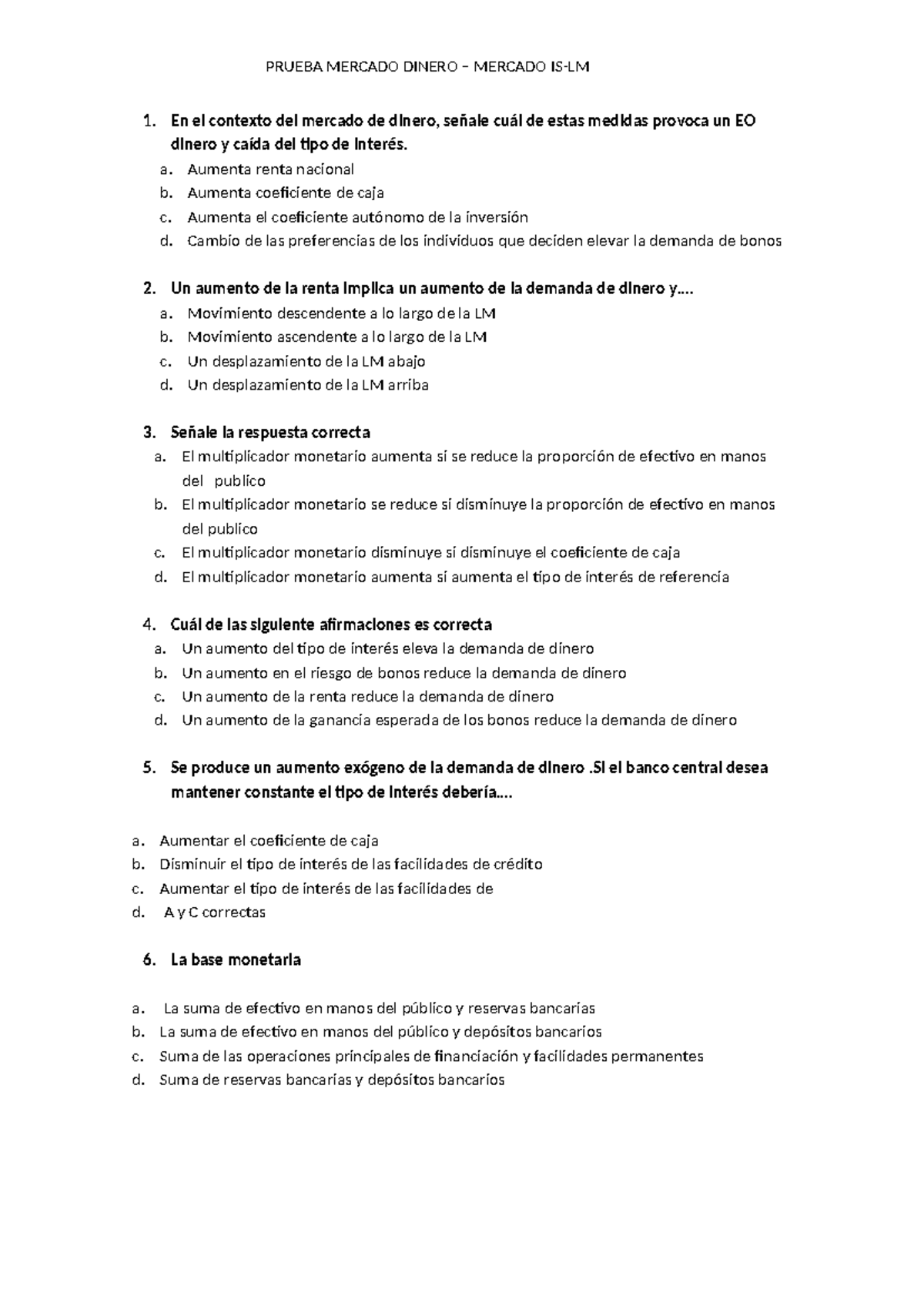 Test intro macro dinero - PRUEBA MERCADO DINERO – MERCADO IS-LM En el ...