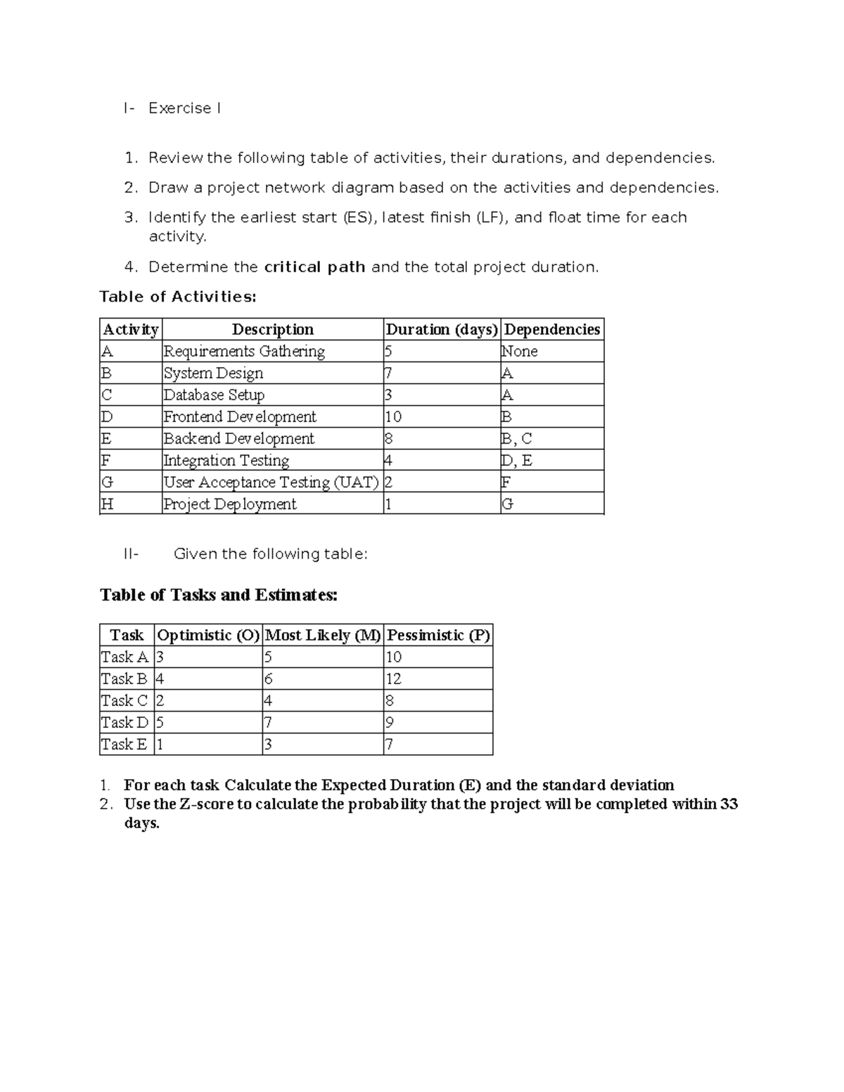 Planningactivity - In class graded activity 3 - I- Exercise I 1. Review ...