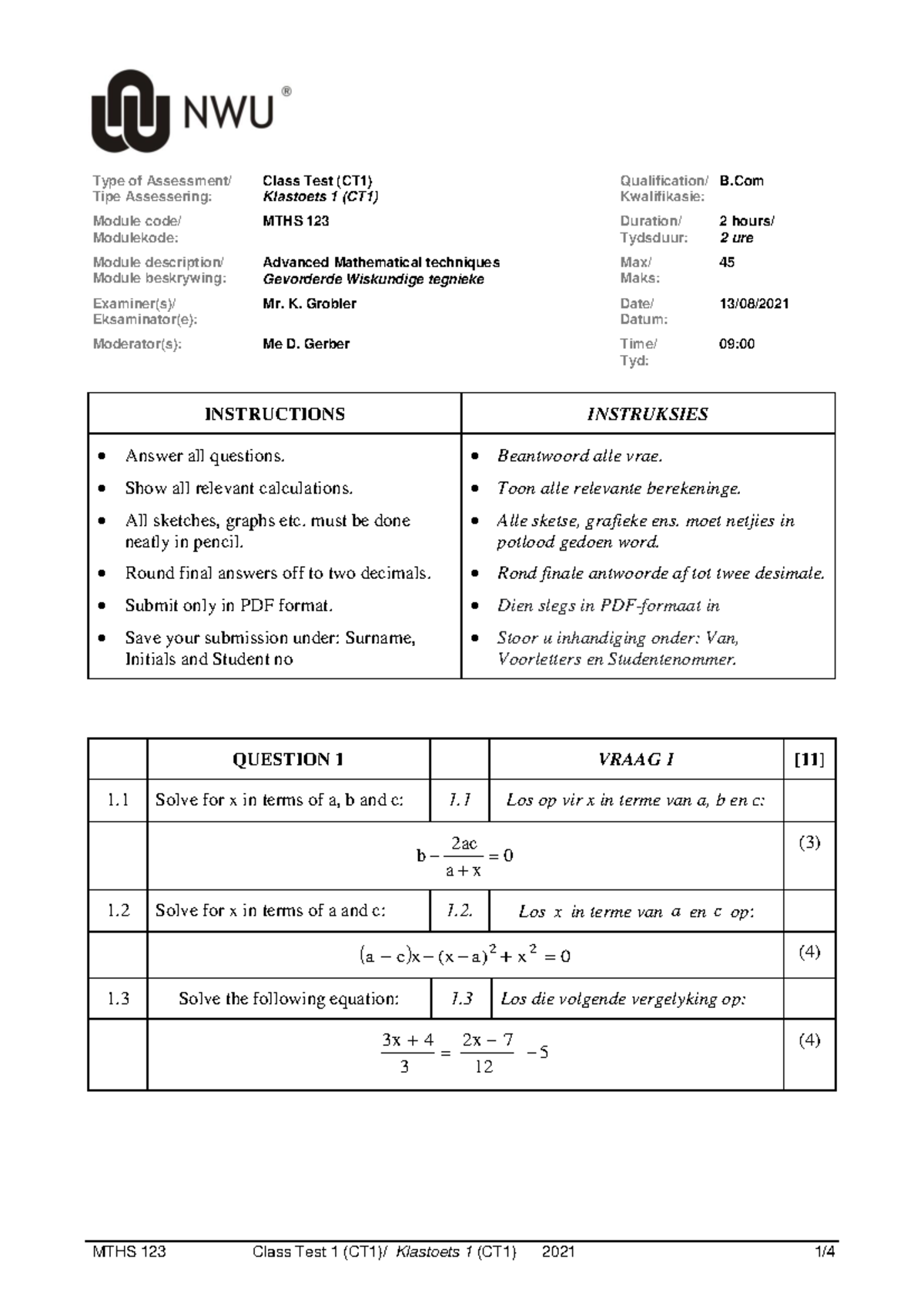 MTHS 123 Class Test 1 2021 - Type of Assessment/ Tipe Assessering ...