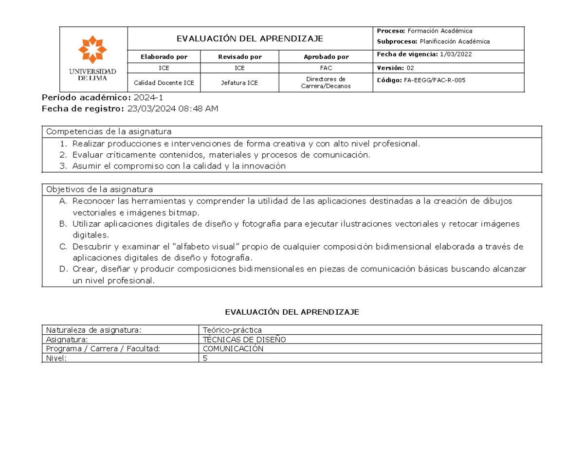 Evaluaciã N DEL Aprendizaje - Período académico: 2024- Fecha de registro: 23/03/2024 08:48 AM ...