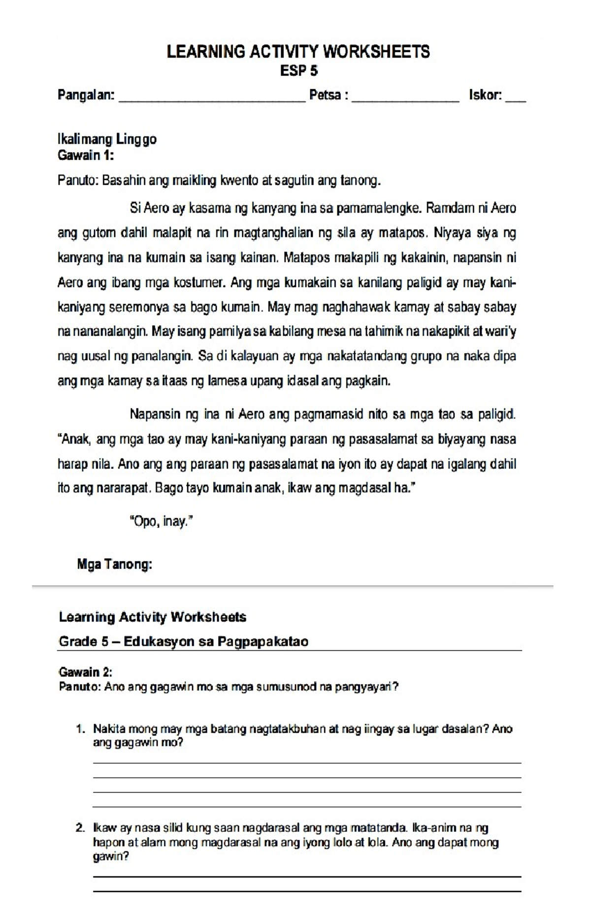 Pagsasanay esp 5 q4 week 5 - College of Teacher Education - Studocu