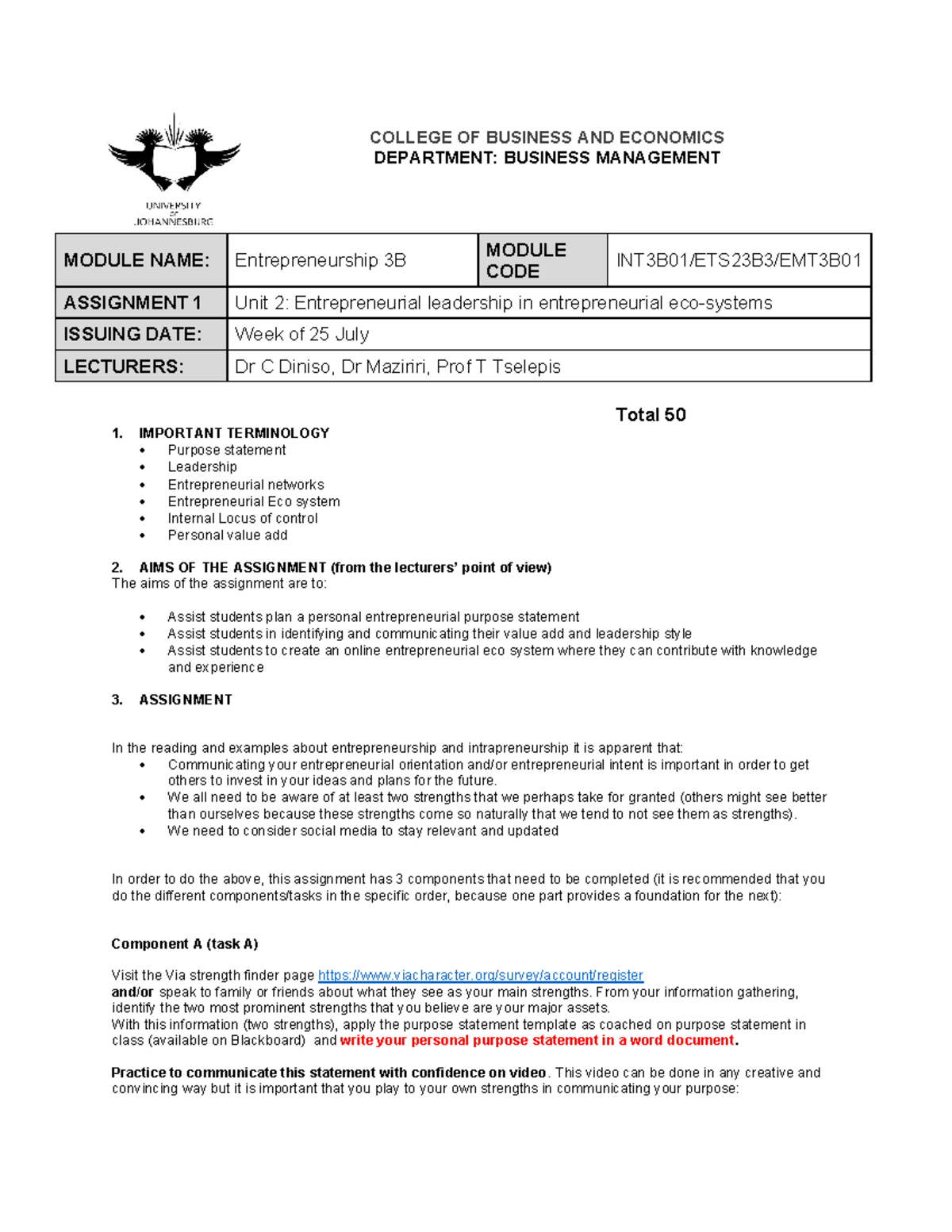 Assignment 1 - COLLEGE OF BUSINESS AND ECONOMICS DEPARTMENT: BUSINESS ...