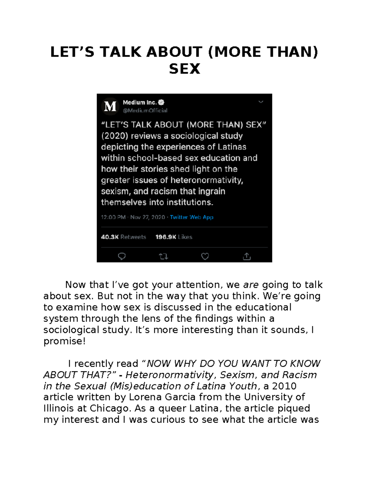 Example Medium Post 2020 Lets Talk About More Than Sex Now That I