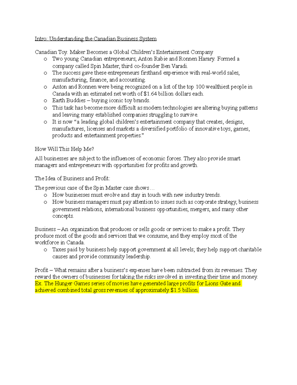 Chapter 1 pt - Quick notes - Intro: Understanding the Canadian Business ...