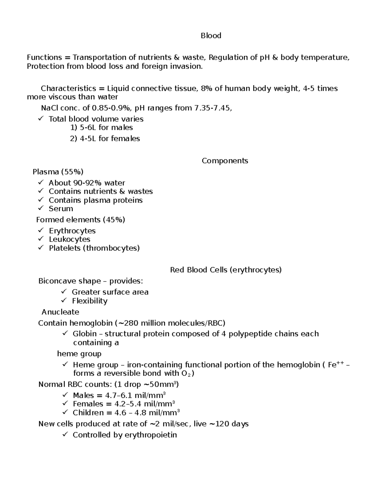 AP Study guide (Blood) - AP LECTURE NOTES - Blood Functions ...