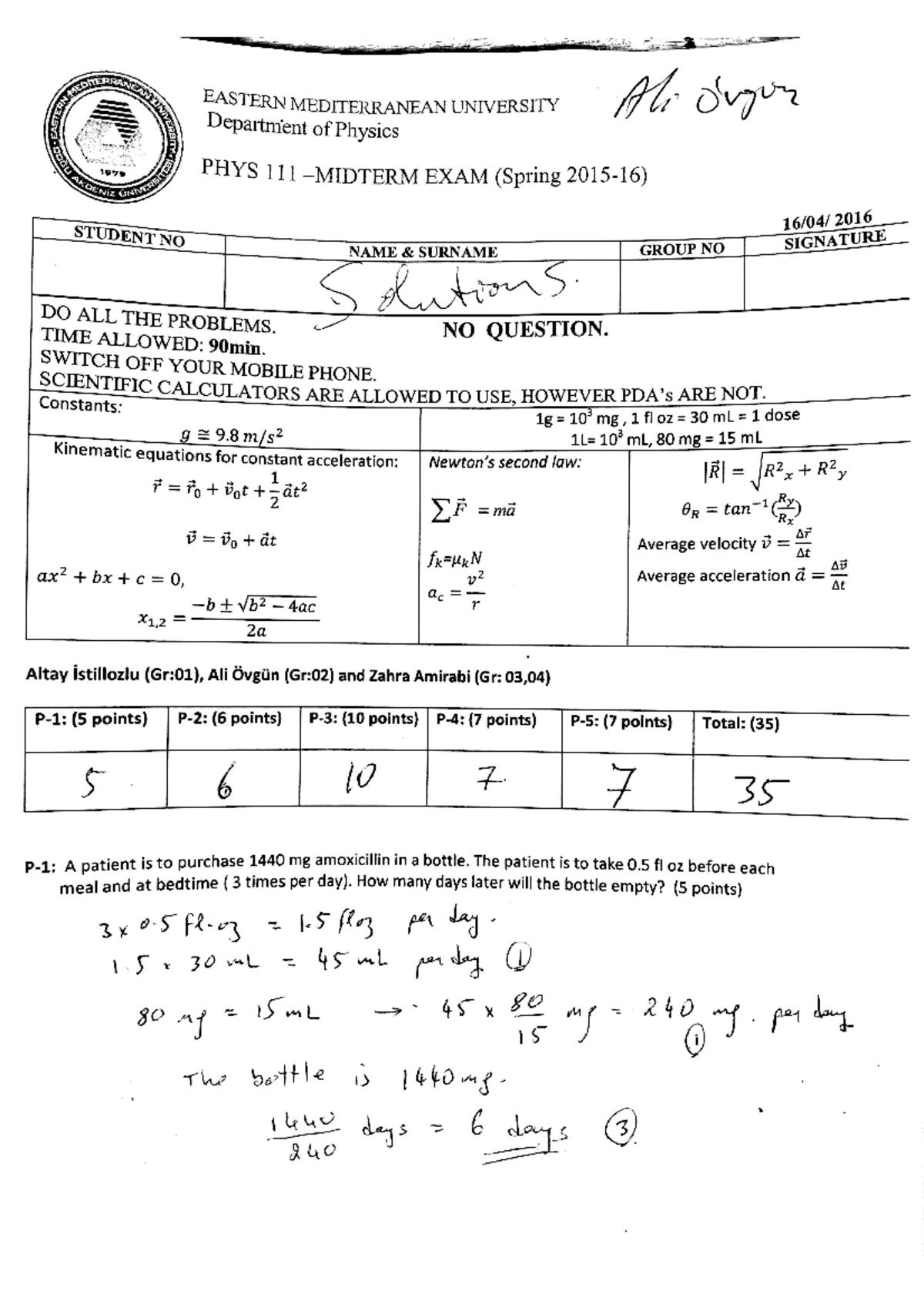 Midterm exam 15 16 spring - phy137 - Studocu