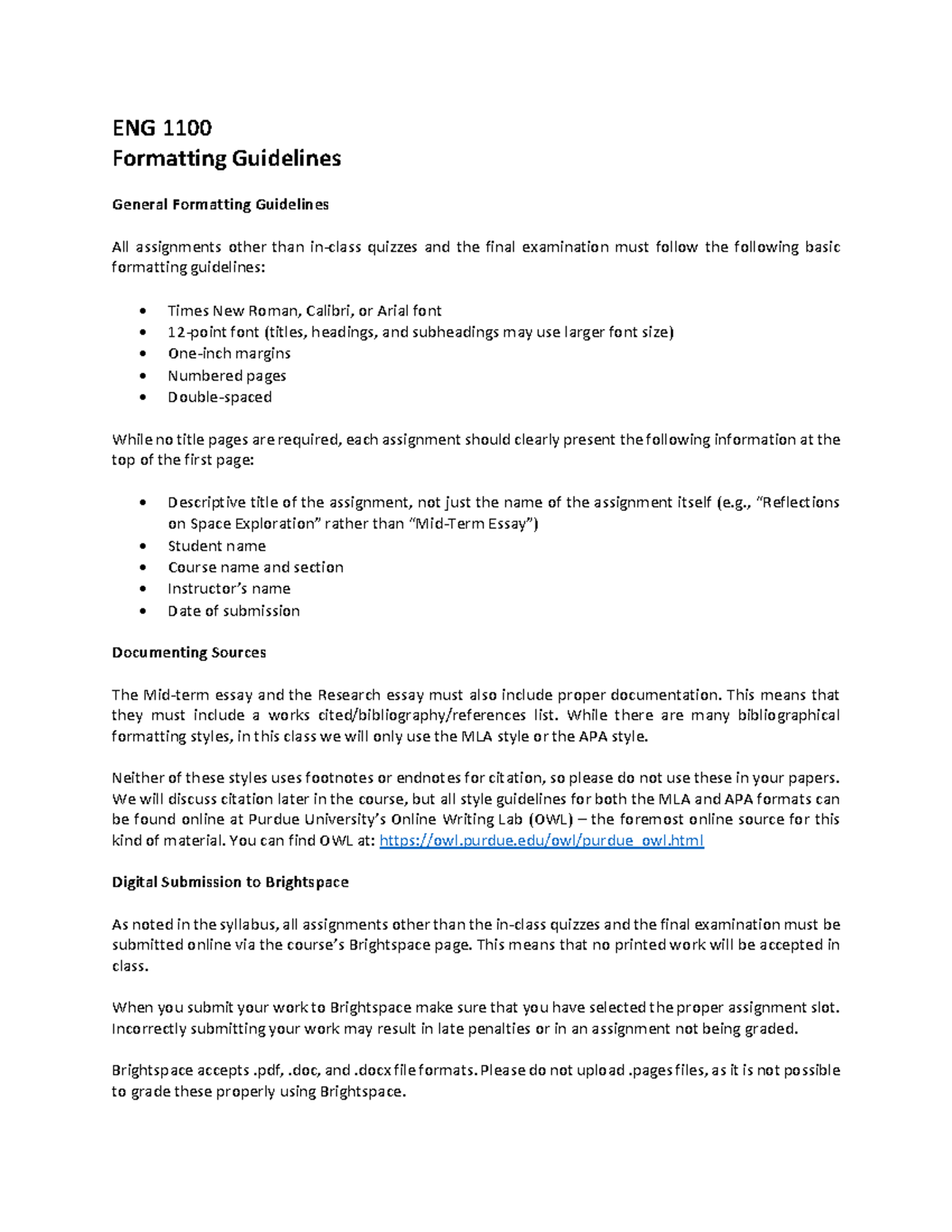 ENG 1100 - General formatting guidelines - ENG 1100 Formatting ...