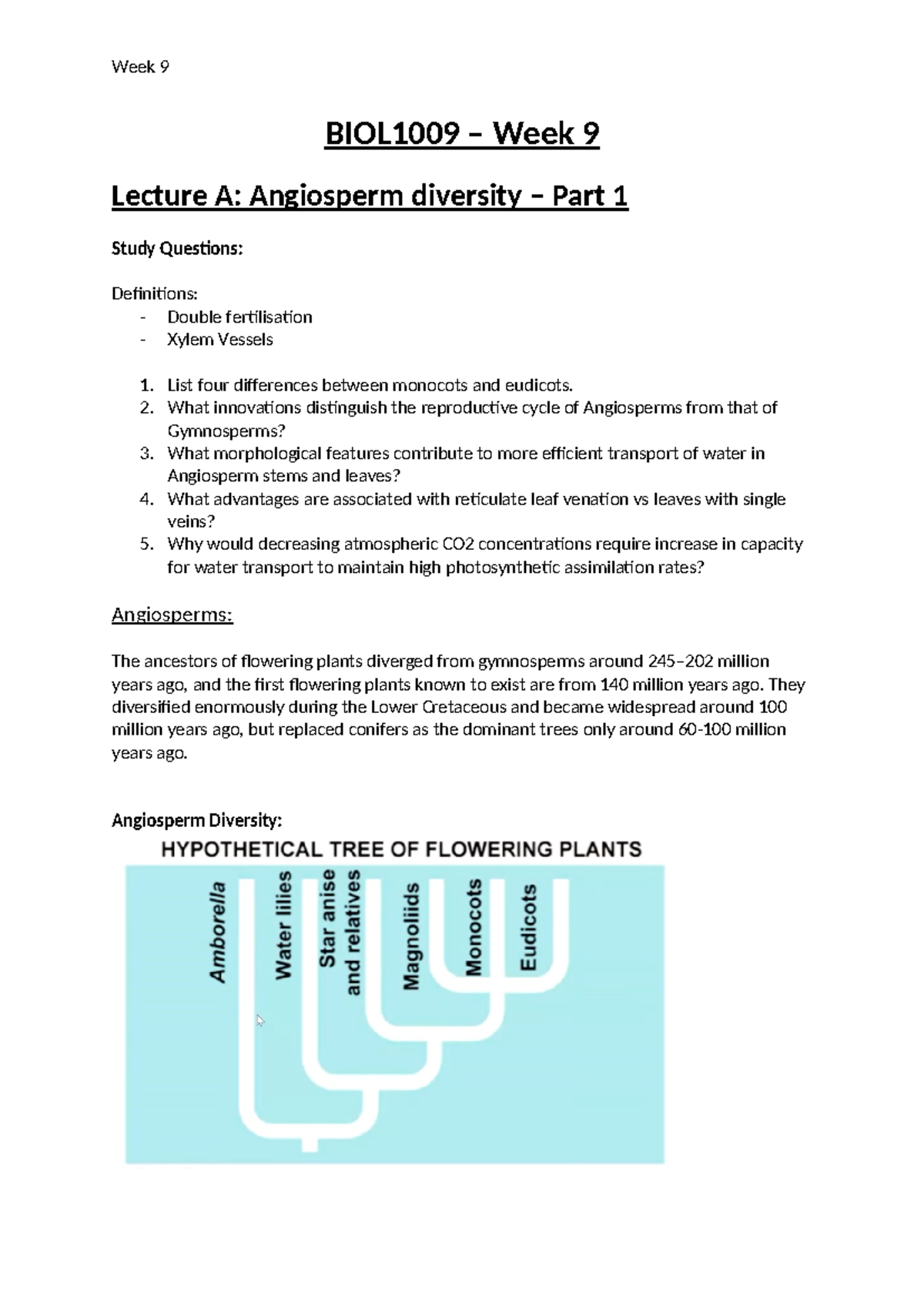 BIOL1009 - W9 - Week 9 notes - BIOL1009 – Week 9 Lecture A: Angiosperm ...