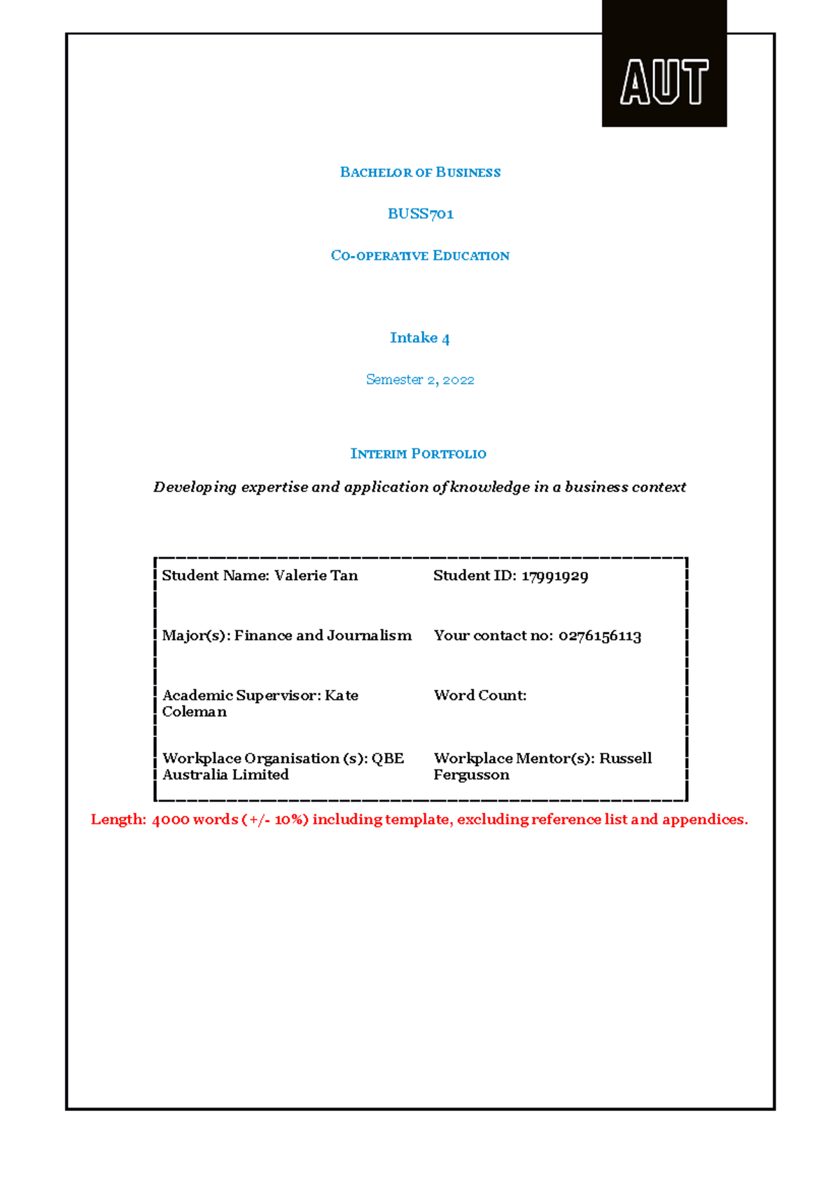 Interim Portfolio Template I4 - BACHELOR OF BUSINESS BUSS CO-OPERATIVE ...