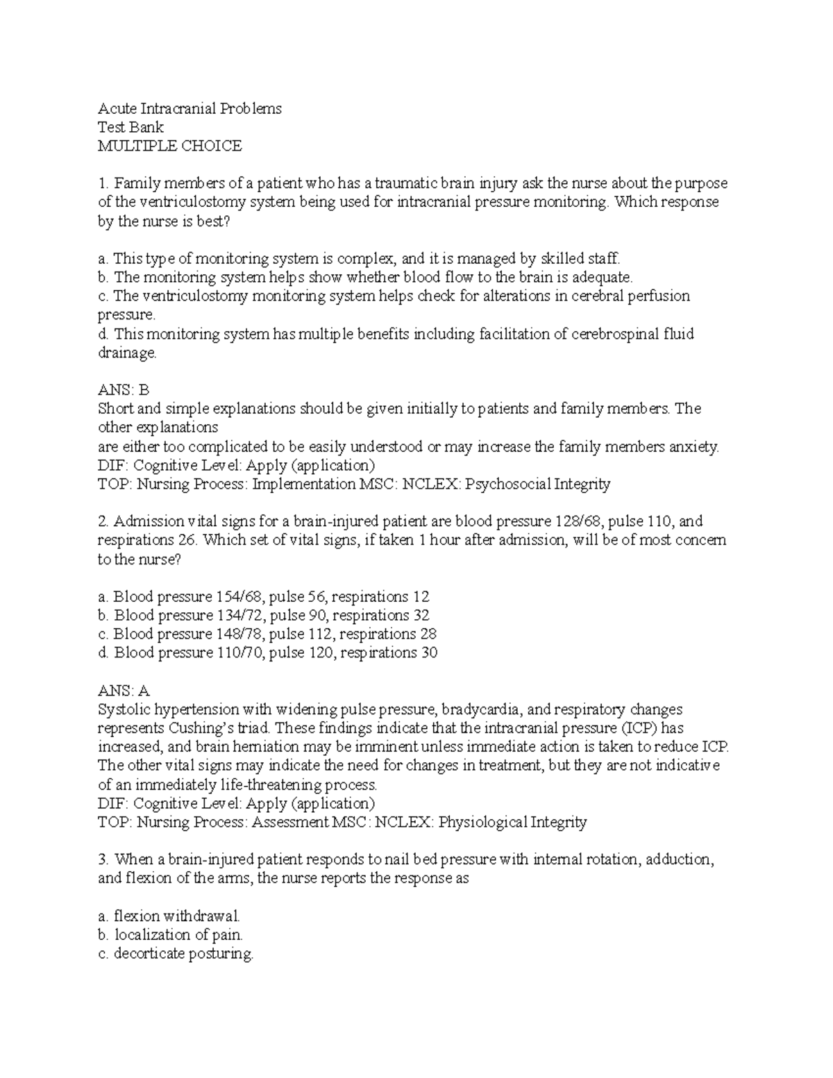Acute Intracranial Problems - Which response by the nurse is best? a ...