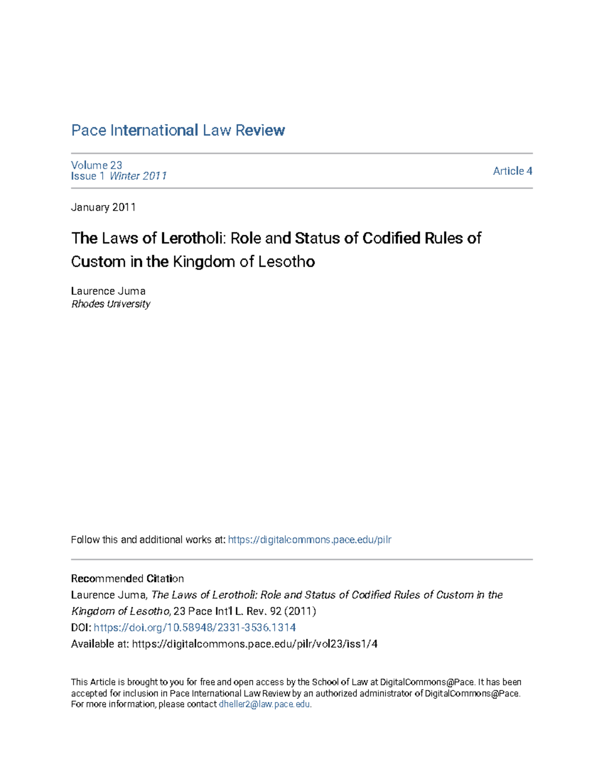 The Laws of Lerotholi Role and Status of Codified Rules of Custo - pace ...
