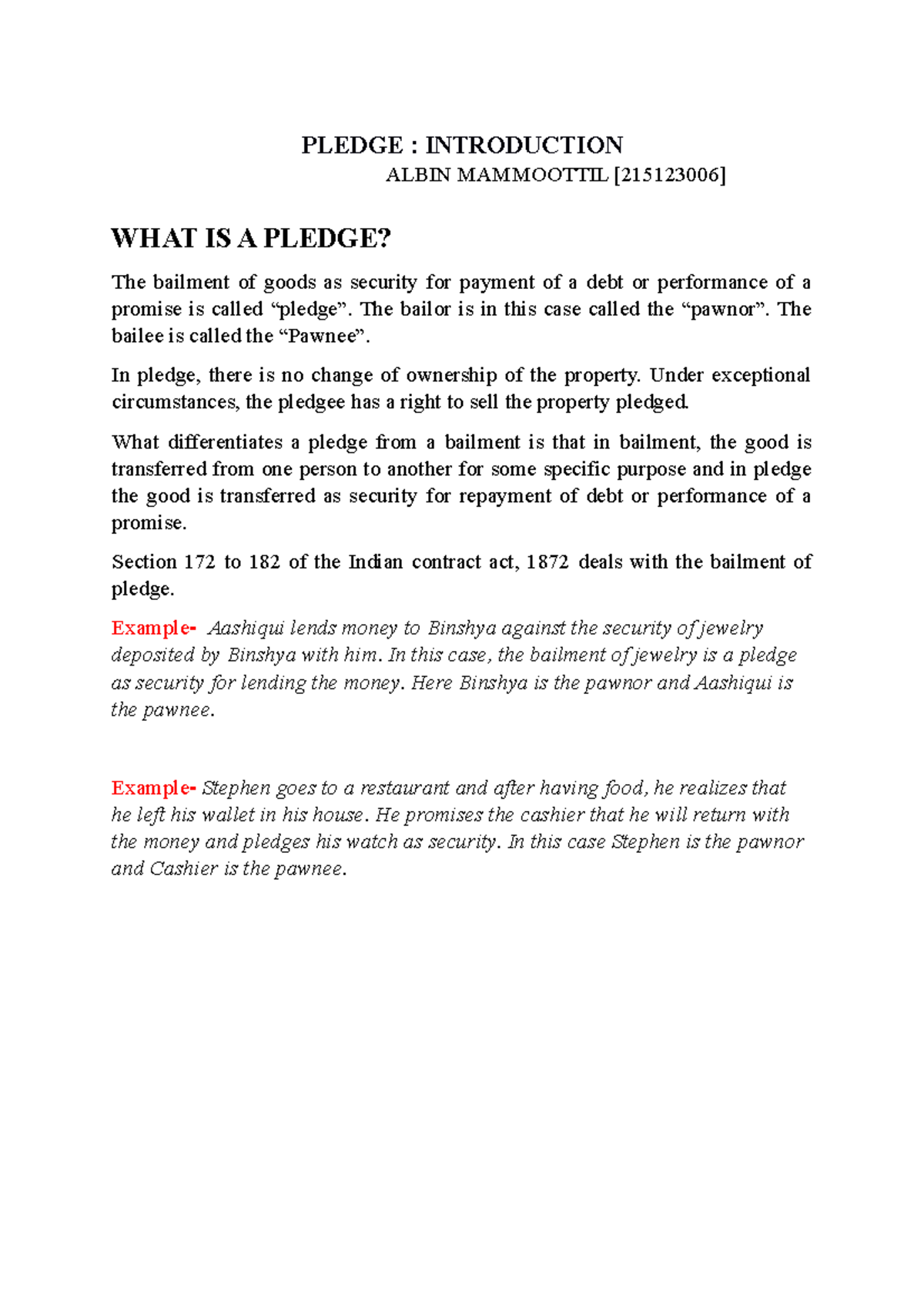Pledge Report Group 2 - PLEDGE : INTRODUCTION ALBIN MAMMOOTTIL [215123006] WHAT IS A PLEDGE? The ...