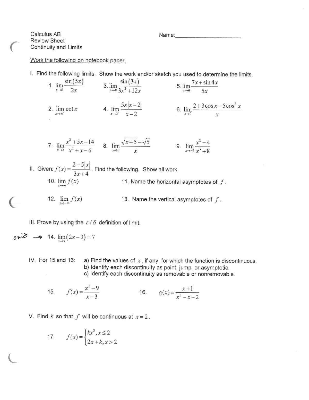 Limits Review Sheet-1 - wasdawdwaawdaawsdaw - SPAN 335B - Studocu