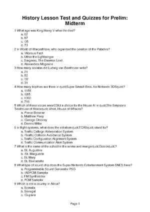 History Lesson Test and Quizzes for Prelim-Summary-1 - History Lesson ...