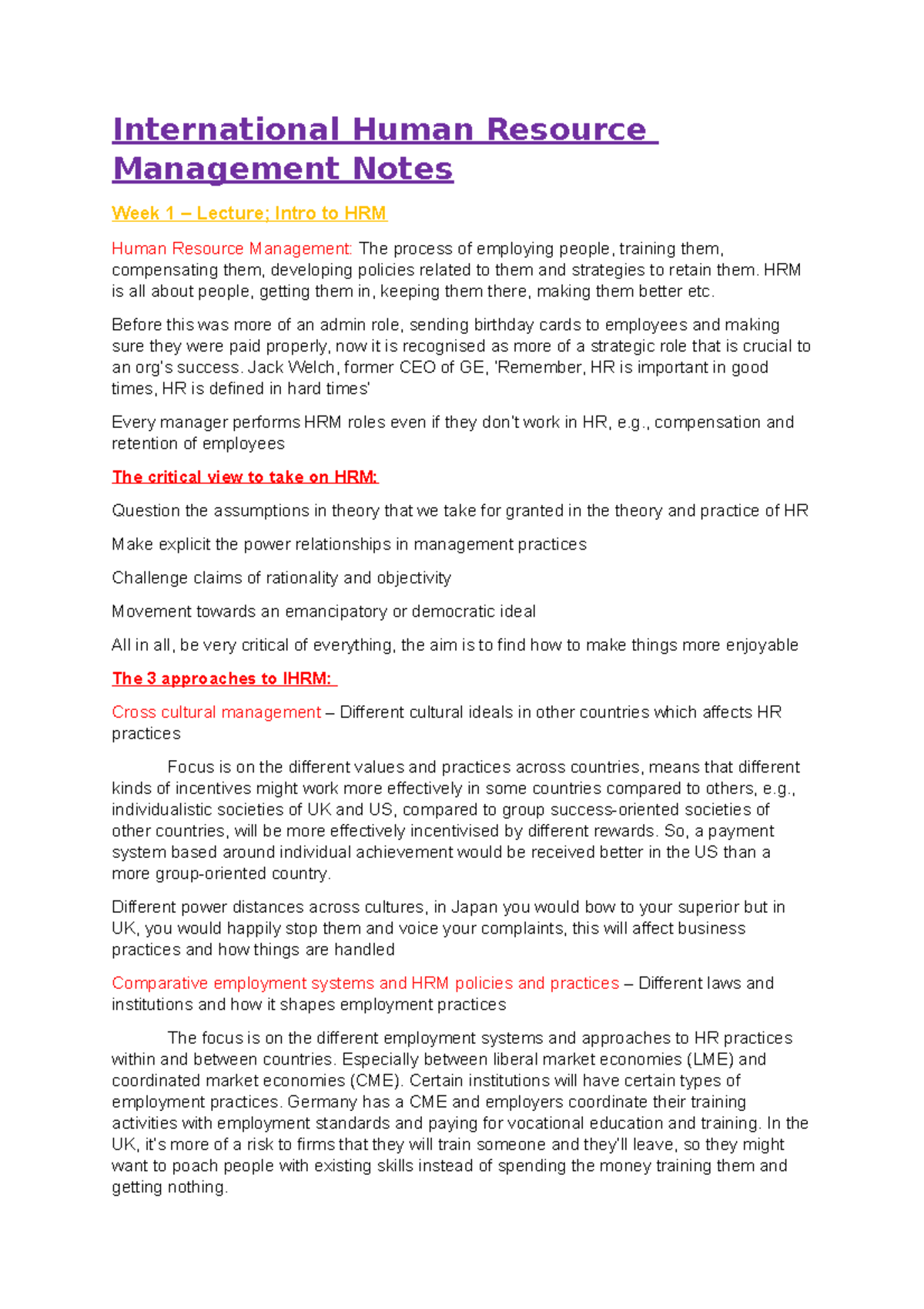 International Human Resource Management Notes EFIM30024 - International ...