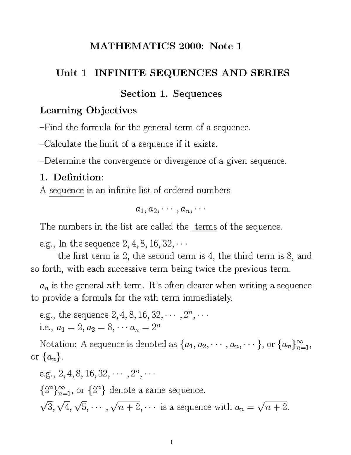 Notes number 1 calculus first - MATHEMATICS 2000: Note 1 Unit 1 ...