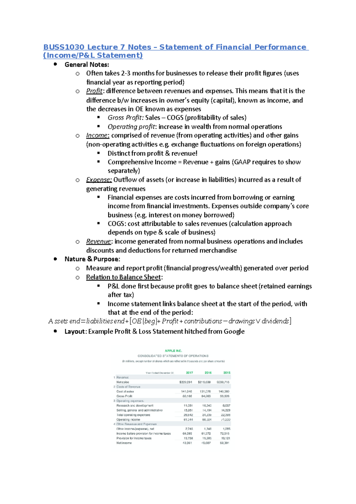 BUSS1030 Lecture 7 Notes - BUSS1030 Lecture 7 Notes – Statement of ...