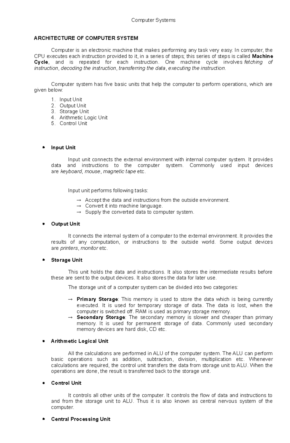 Computer Systems - Computer Systems ARCHITECTURE OF COMPUTER SYSTEM ...