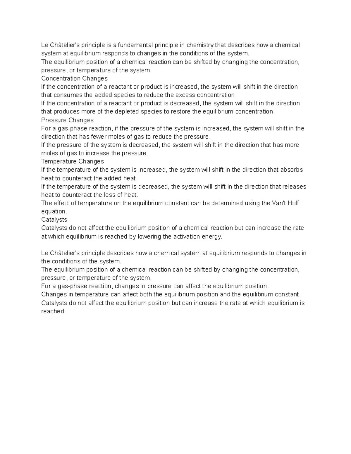 Le Châtelier's Principle and Factors Affecting Equilibrium Notes - Le ...
