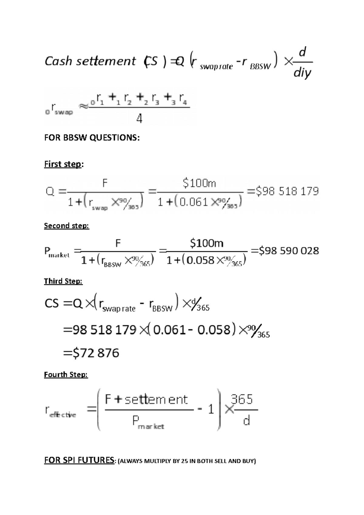Formula Sheet FOR TFS - FOR BBSW QUESTIONS: First step: Second step ...