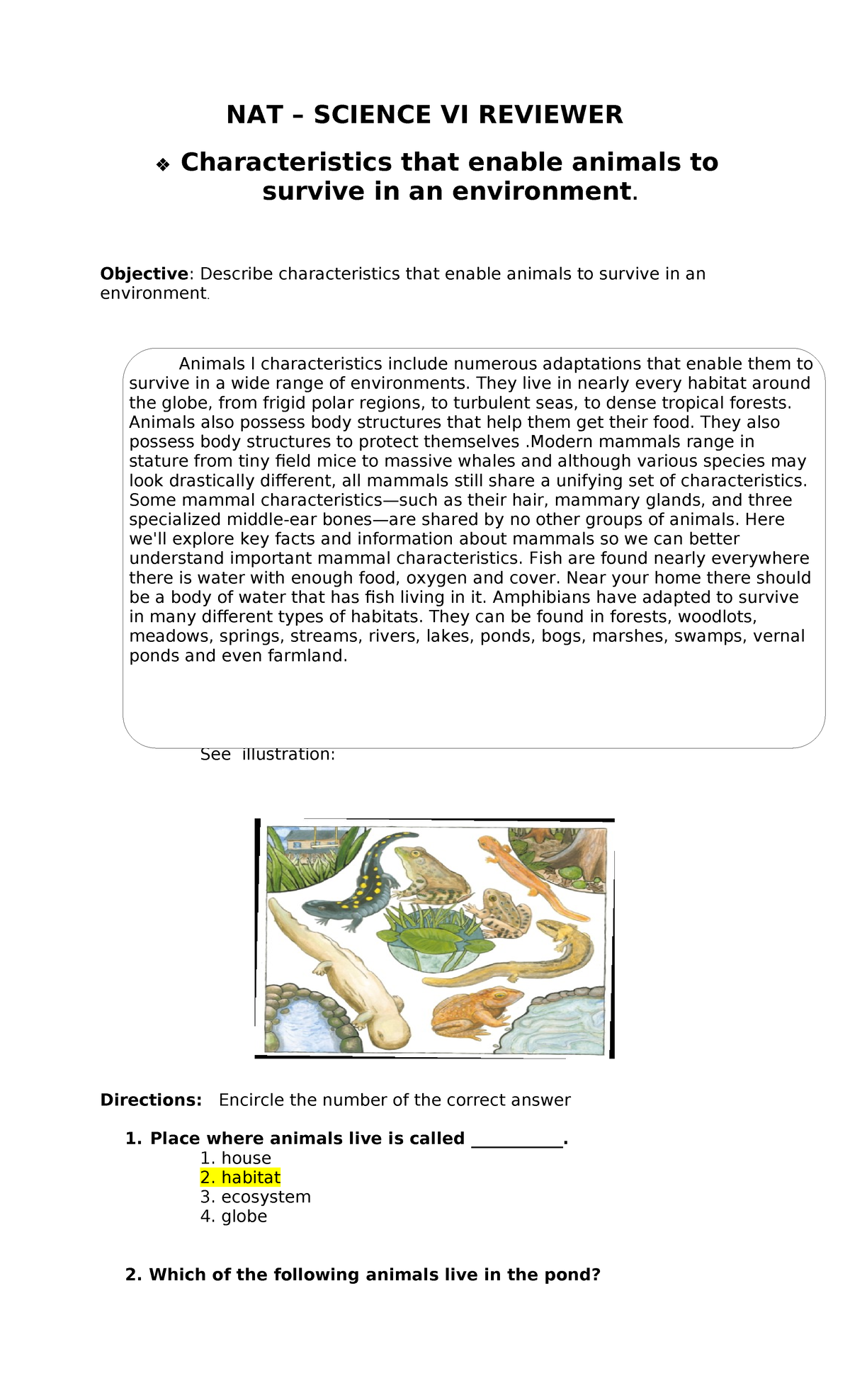 NAT Reviewer in Science Grade 6 - NAT – SCIENCE VI REVIEWER Characteristics that enable animals ...