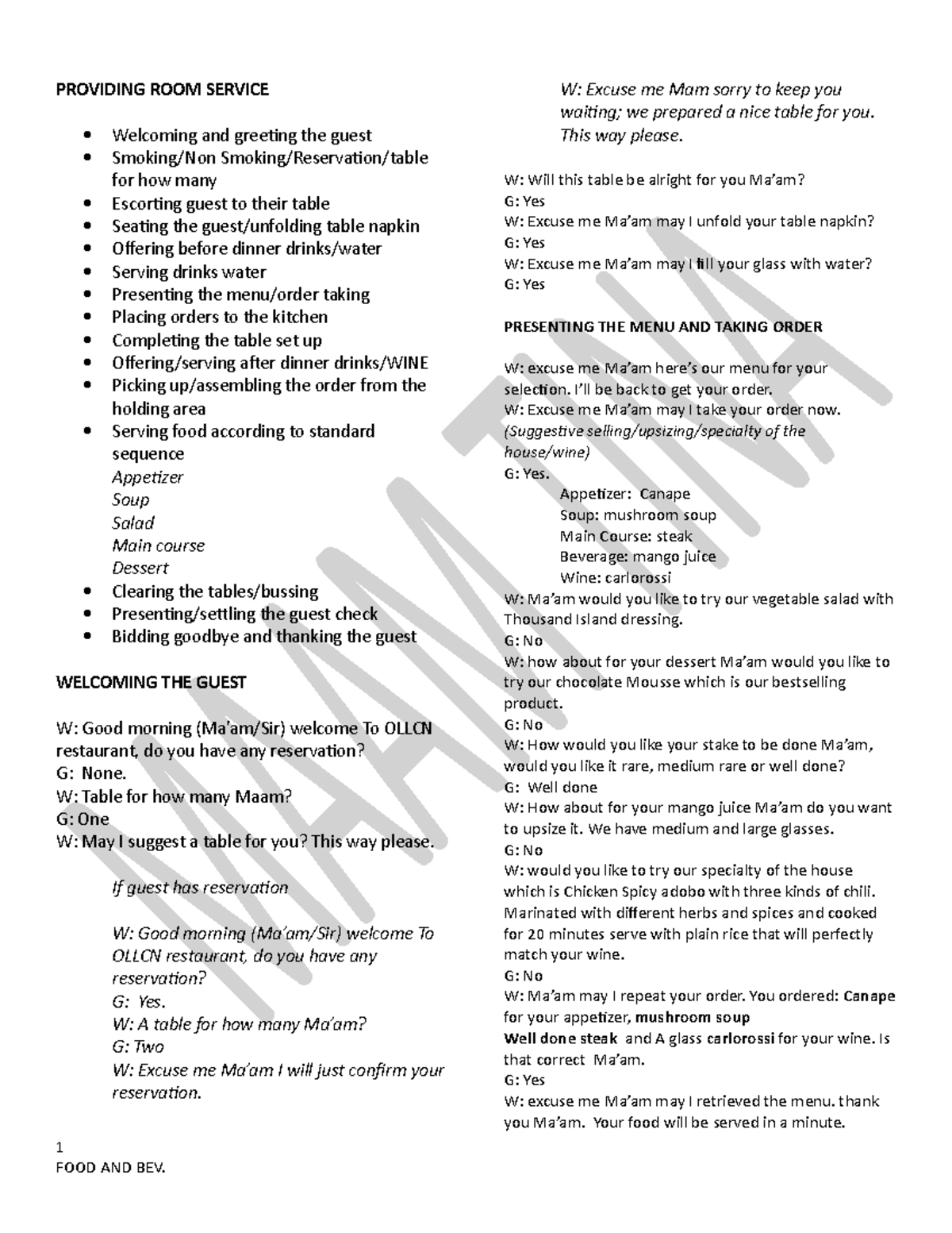 Script - AKO LLAMANG TOITS - PROVIDING ROOM SERVICE Welcoming and ...