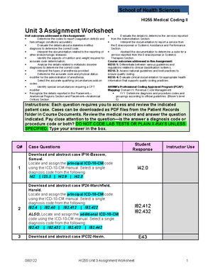 HI255 Unit 3 assignment Worksheet 2202B - HI255 Medical Coding II Unit 3 Assignment Worksheet ...