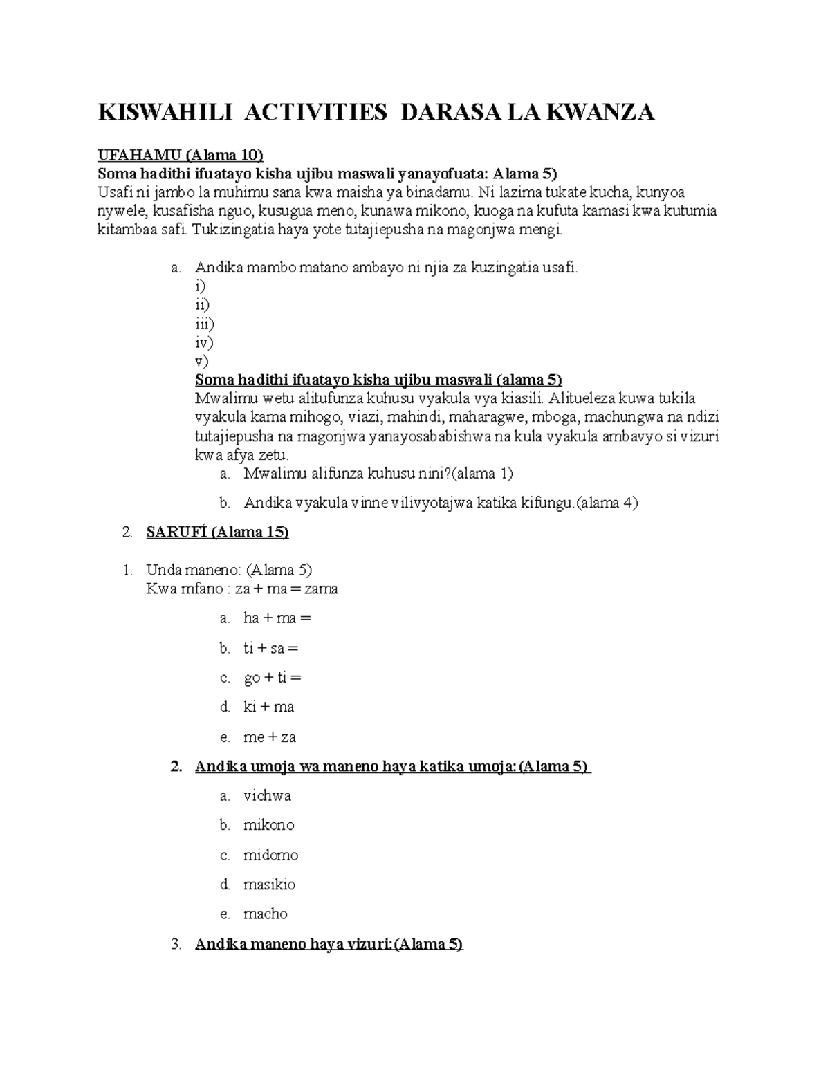 Kiswahili Darasa LA Kwanza - KISWAHILI ACTIVITIES DARASA LA KWANZA UFAHAMU (Alama 10) Soma ...