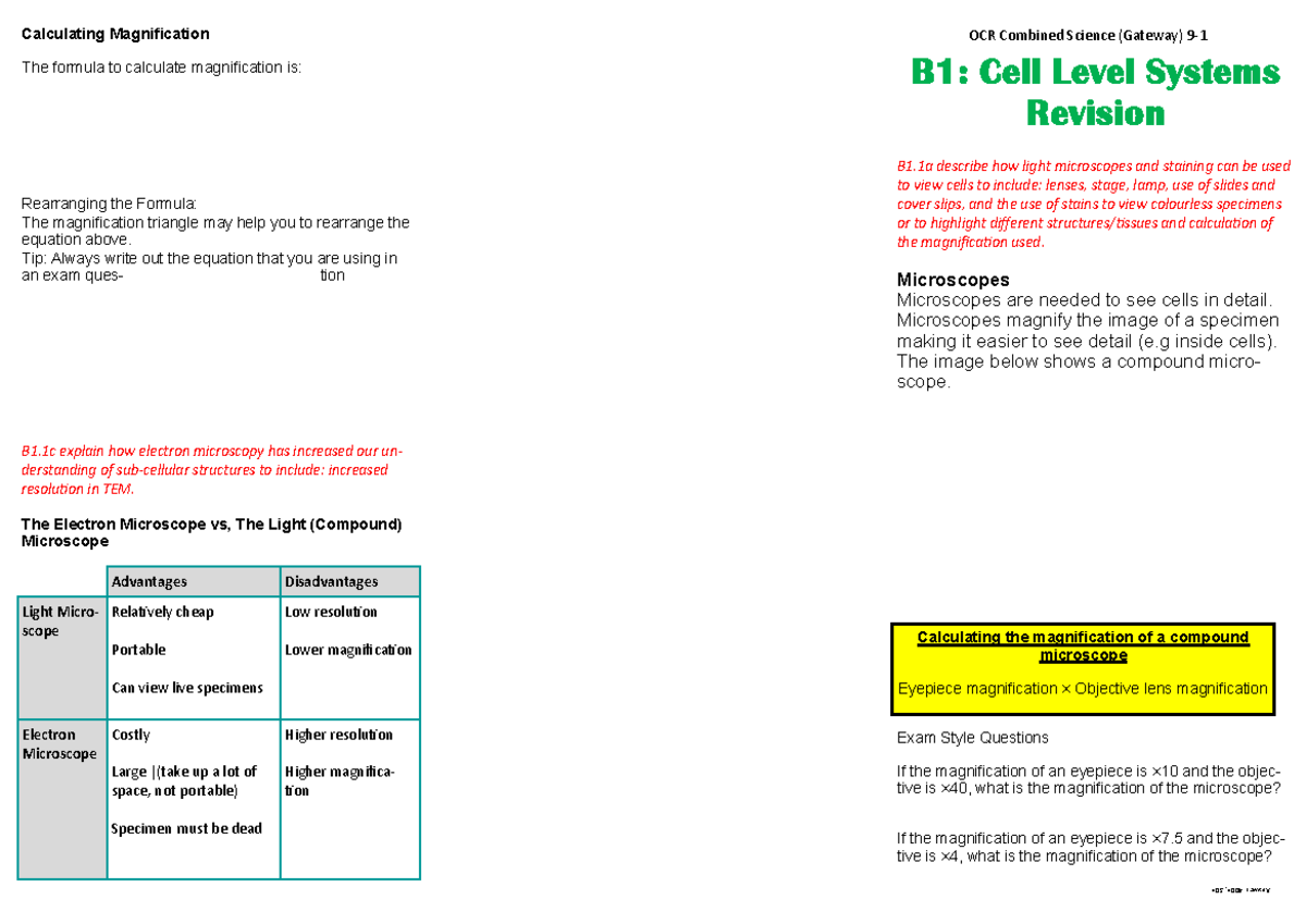 B1-Revision-Leaflet - OCR Combined Science (Gateway) 9- 1 B1: Cell ...