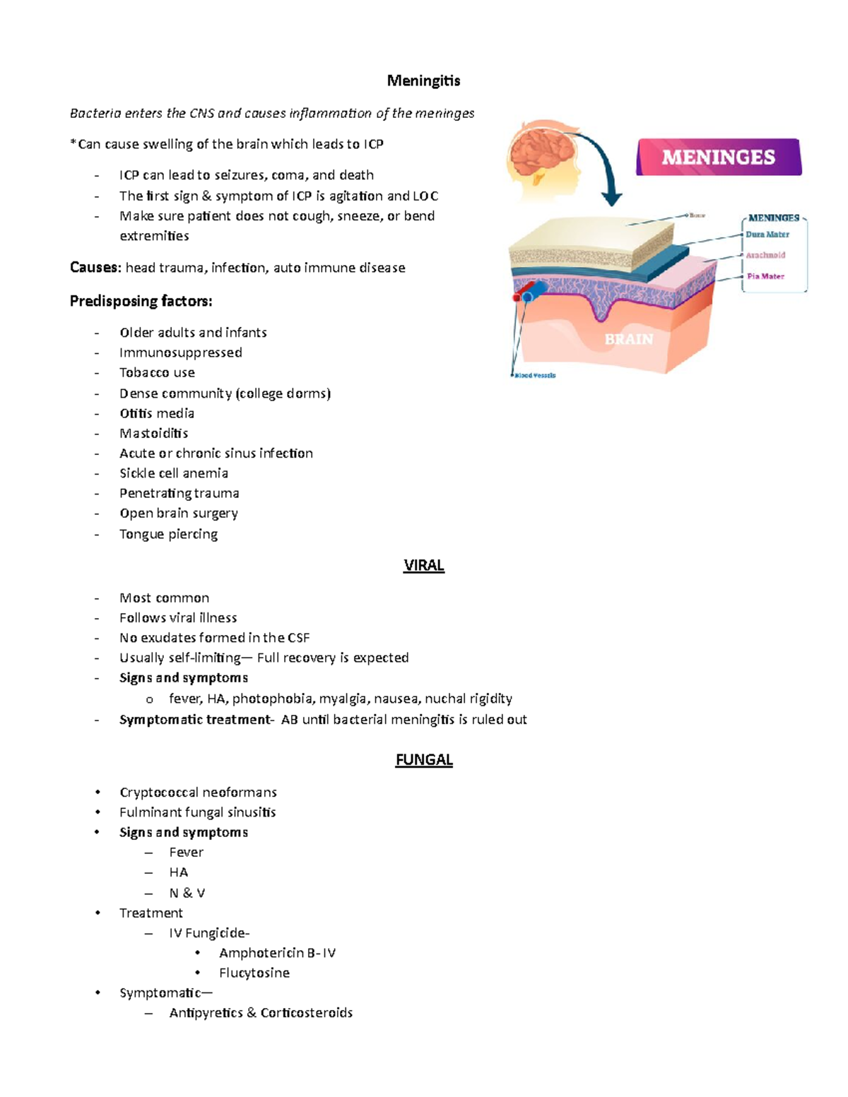 Meningitis - my notes from lecture - Meningitis Bacteria enters the CNS ...
