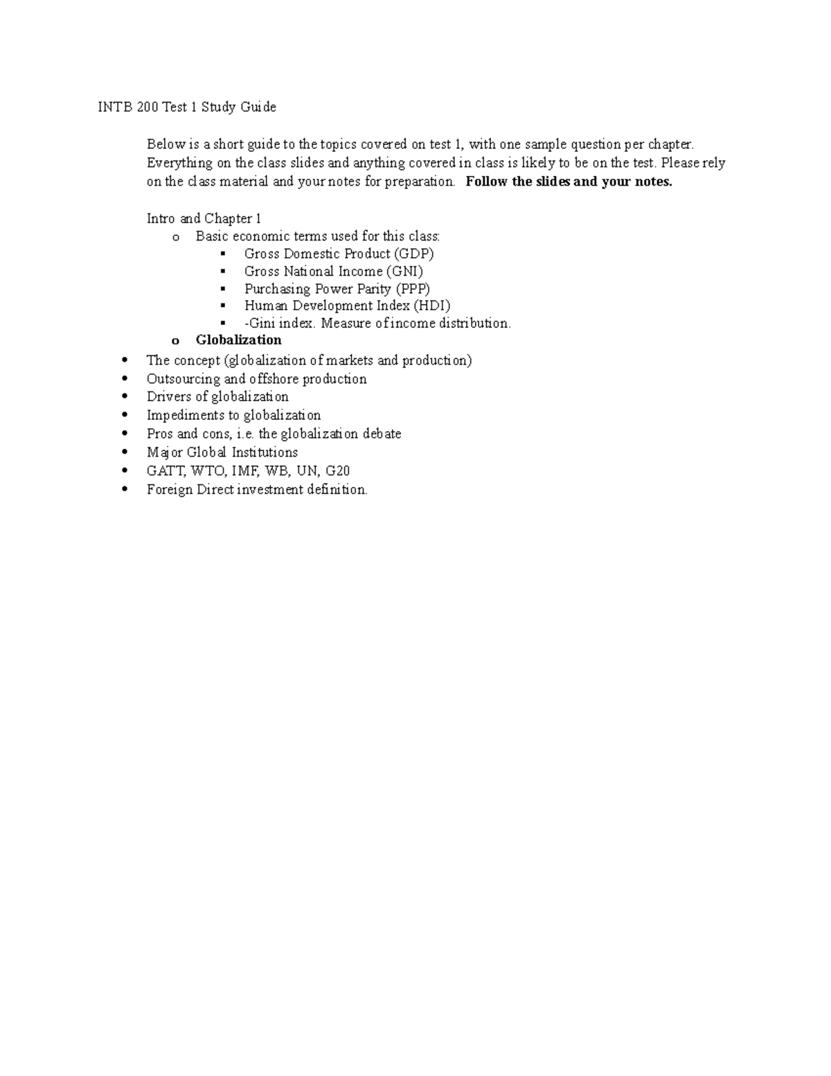 Study Guide INTB 200 test 1 W - INTB 200 Test 1 Study Guide Below is a ...