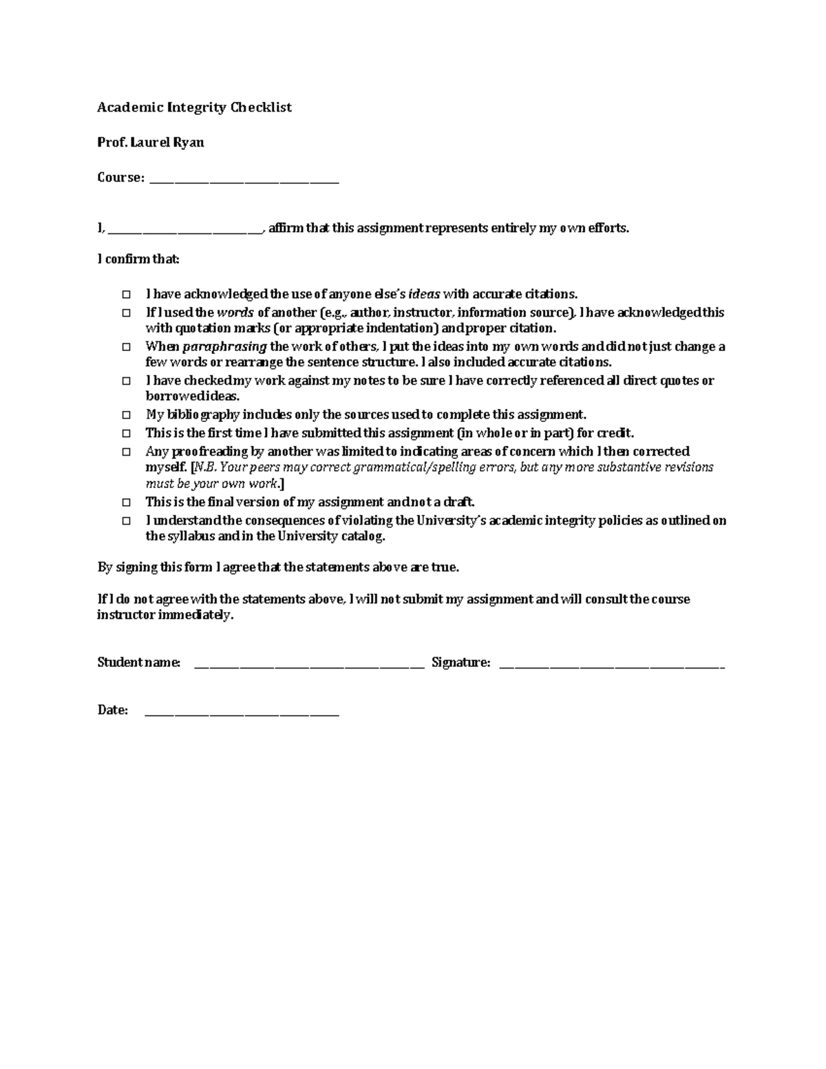 Academic Integrity Checklist - Laurel Ryan Course