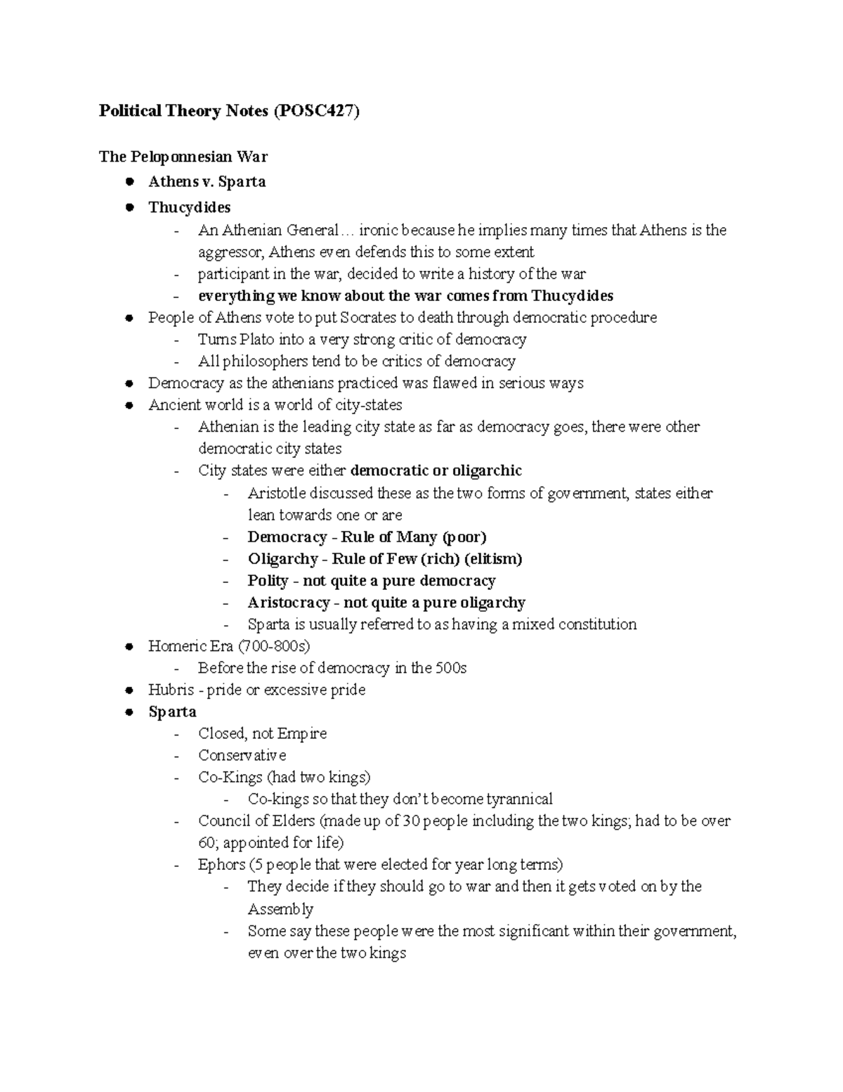 Political Theory Notes (POSC427) - Sparta Thucydides An Athenian ...