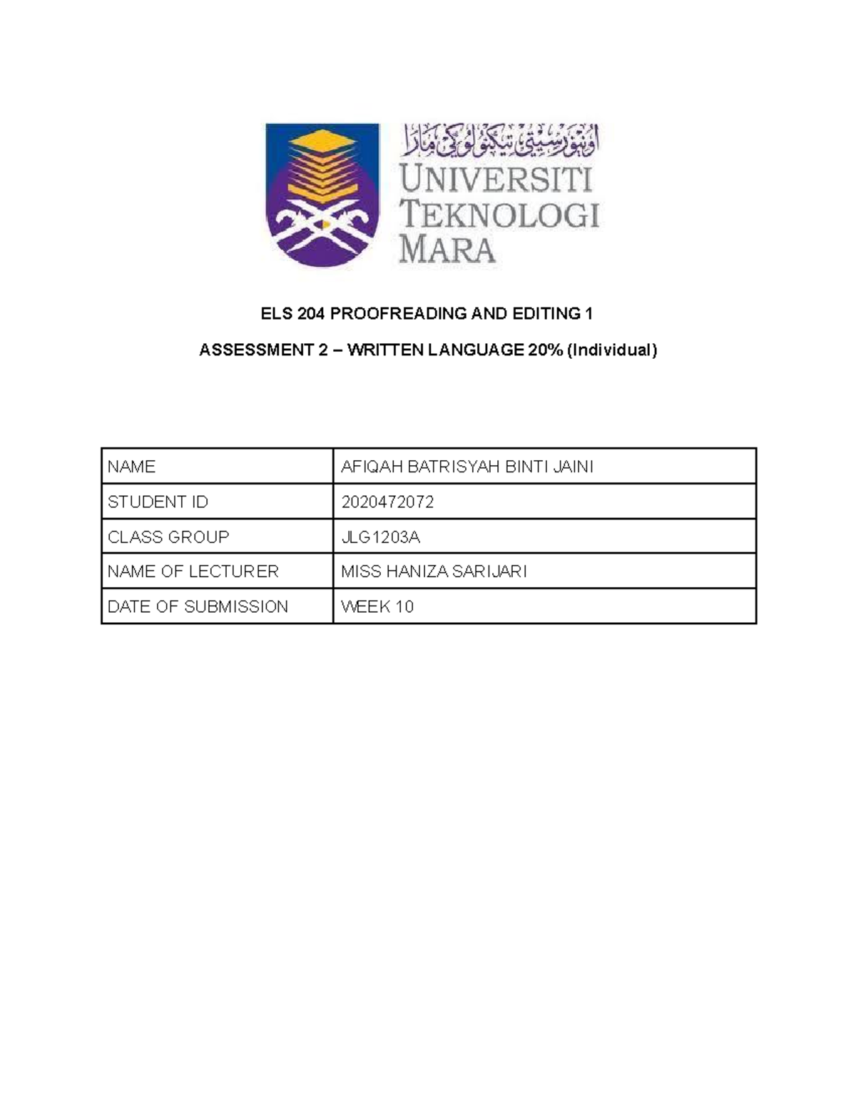 ELS204 Writing Analysis - ELS 204 PROOFREADING AND EDITING 1 ASSESSMENT ...