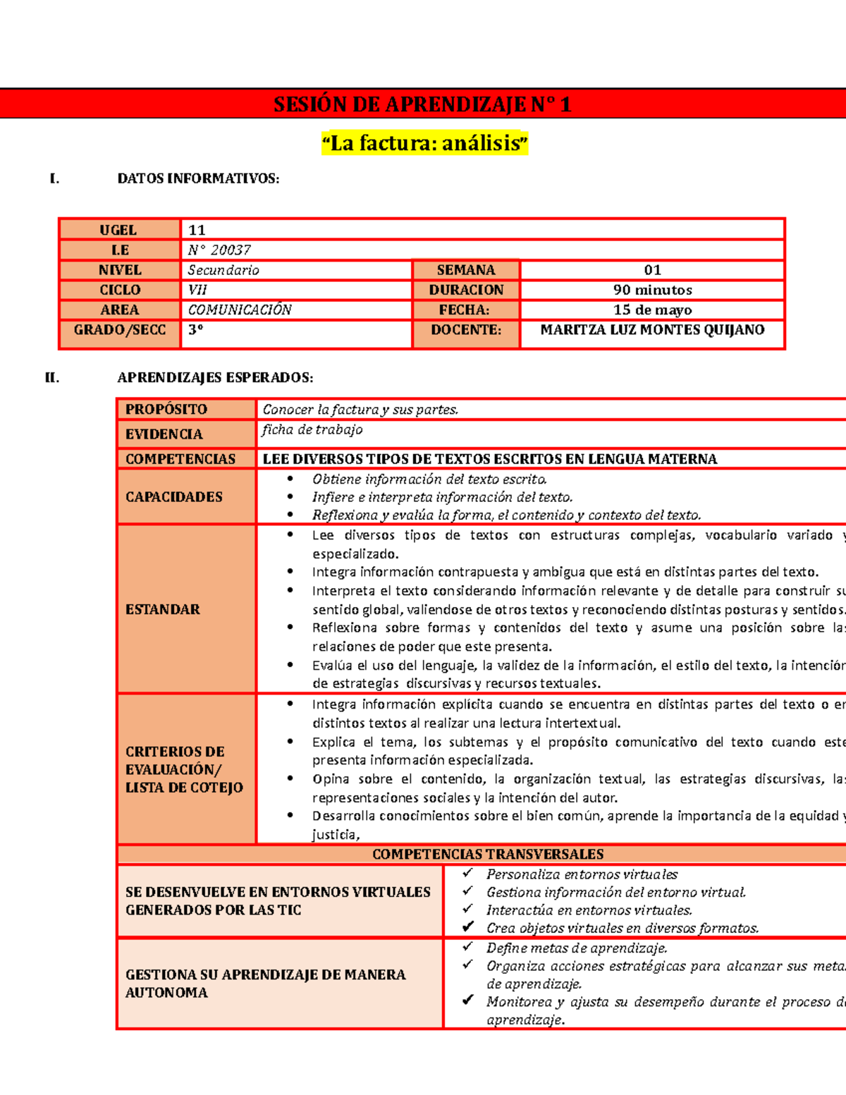 3 SES1 COM UN3 SEM1- 2023 - SESIÓN DE APRENDIZAJE N° 1 “La factura ...