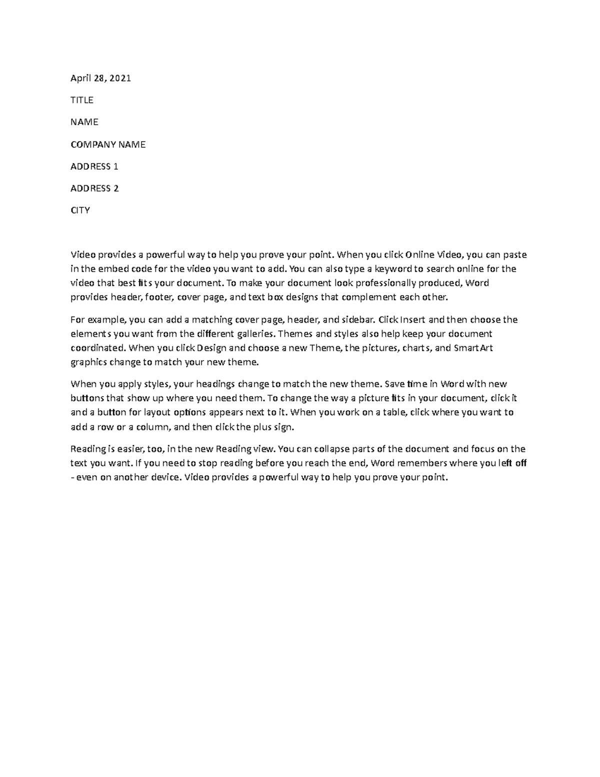 Letter sample - Lecture notes 8 - April 28, 2021 TITLE NAME COMPANY ...