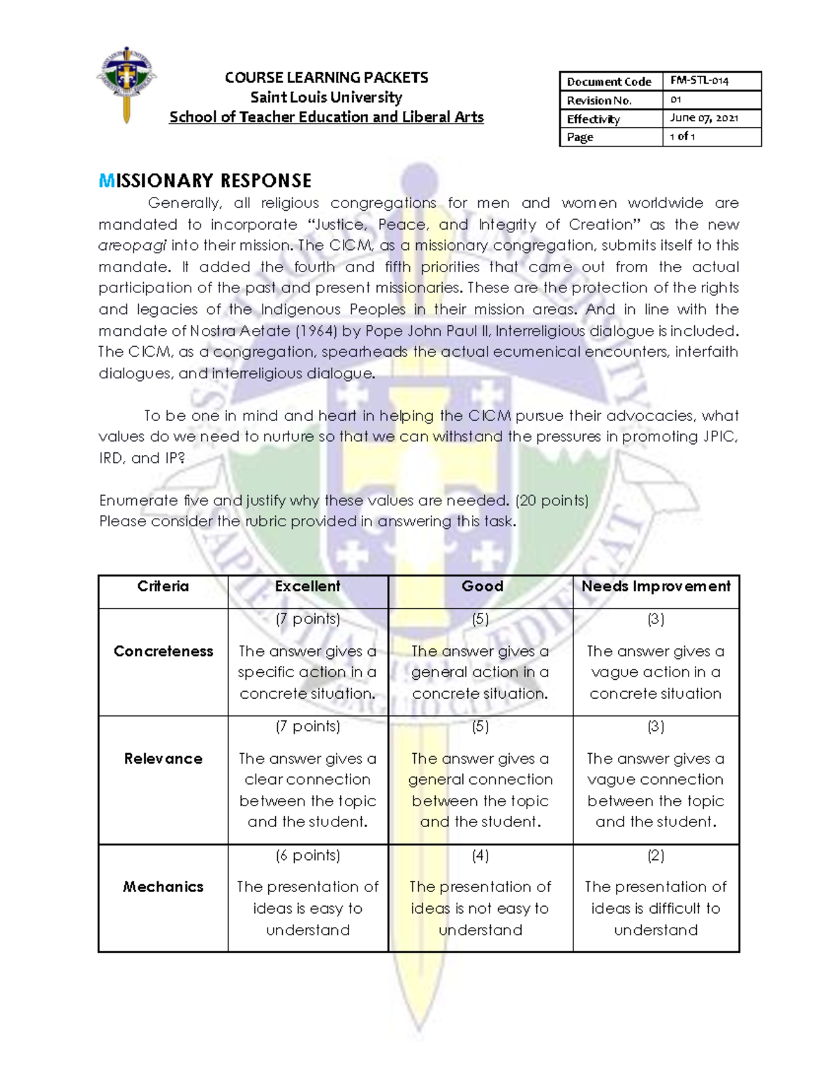 CFE 105A Module 2 Missionary Response - COURSE LEARNING PACKETS ...