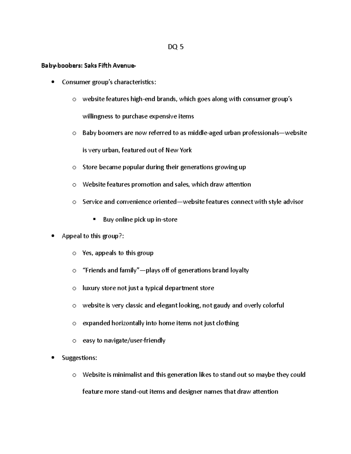 DQ5 - DQ5 class assignment graded - DQ 5 Saks Fifth Consumer ...