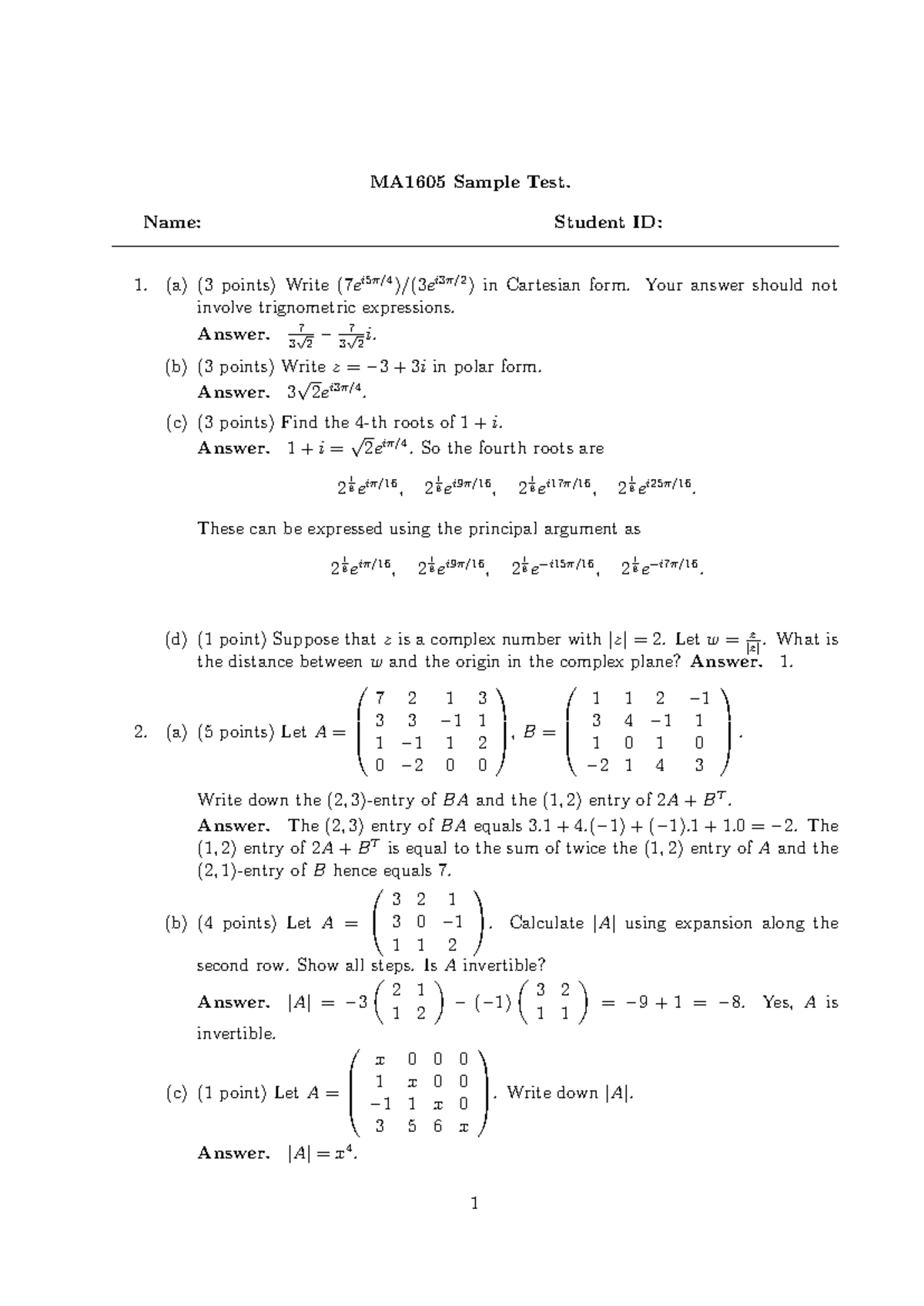 SAMPLE MID TERM EXAM ALGEBRA - MA1605 Sample Test. Name: Student ID: 1 ...