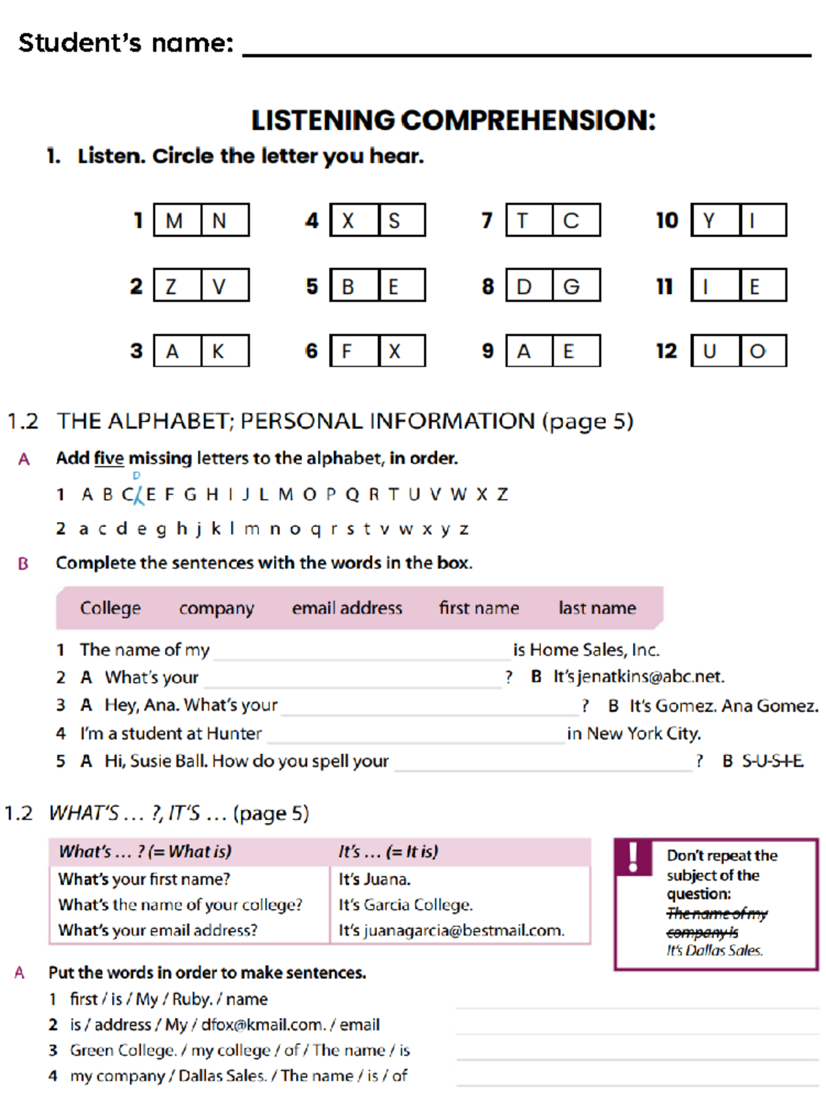 Alphabet workshop - name: LISTENING COMPREHENSION: 1. Listen. Circle ...