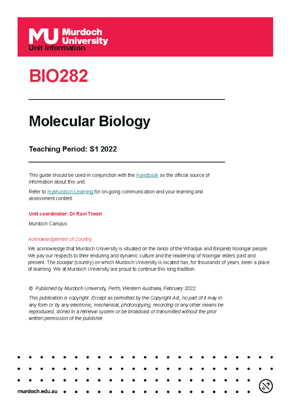 BIO282 UIG 2022 V1.1 - Unit Guide for Bio 282 for the year 2022 - Unit ...