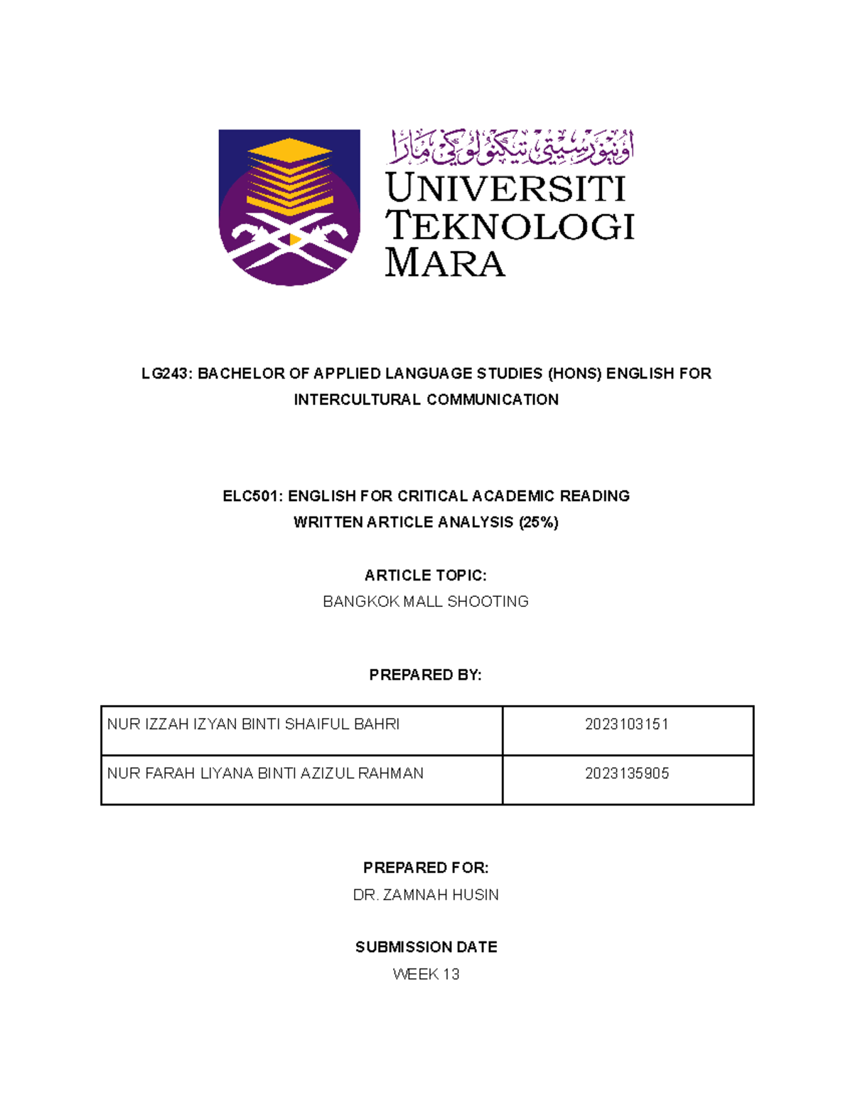 ELC501 - Written Analysis - LG243: BACHELOR OF APPLIED LANGUAGE STUDIES (HONS) ENGLISH FOR - Studocu