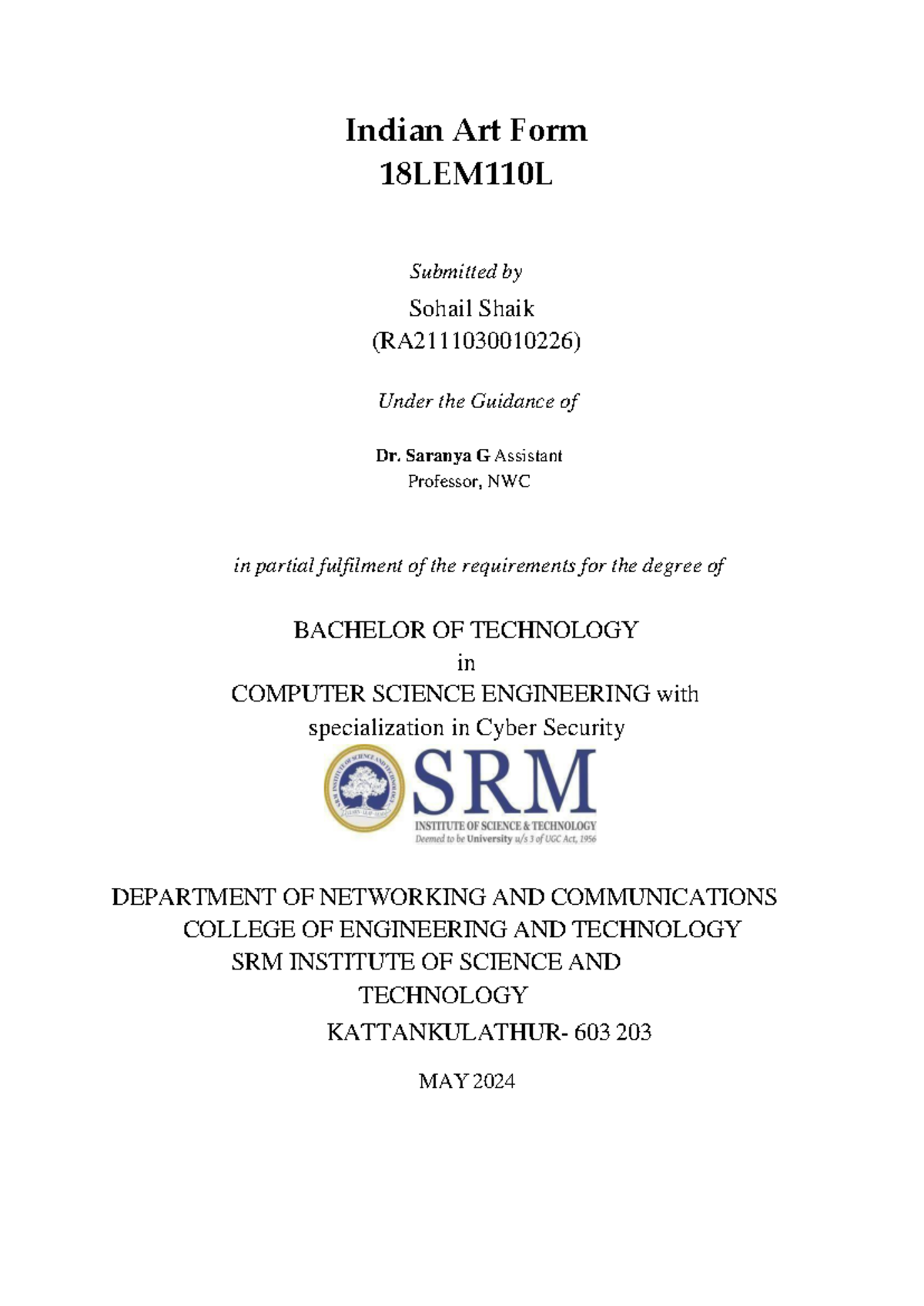226 - nil - Indian Art Form 18LEM110L ####### Submitted by Sohail Shaik ...