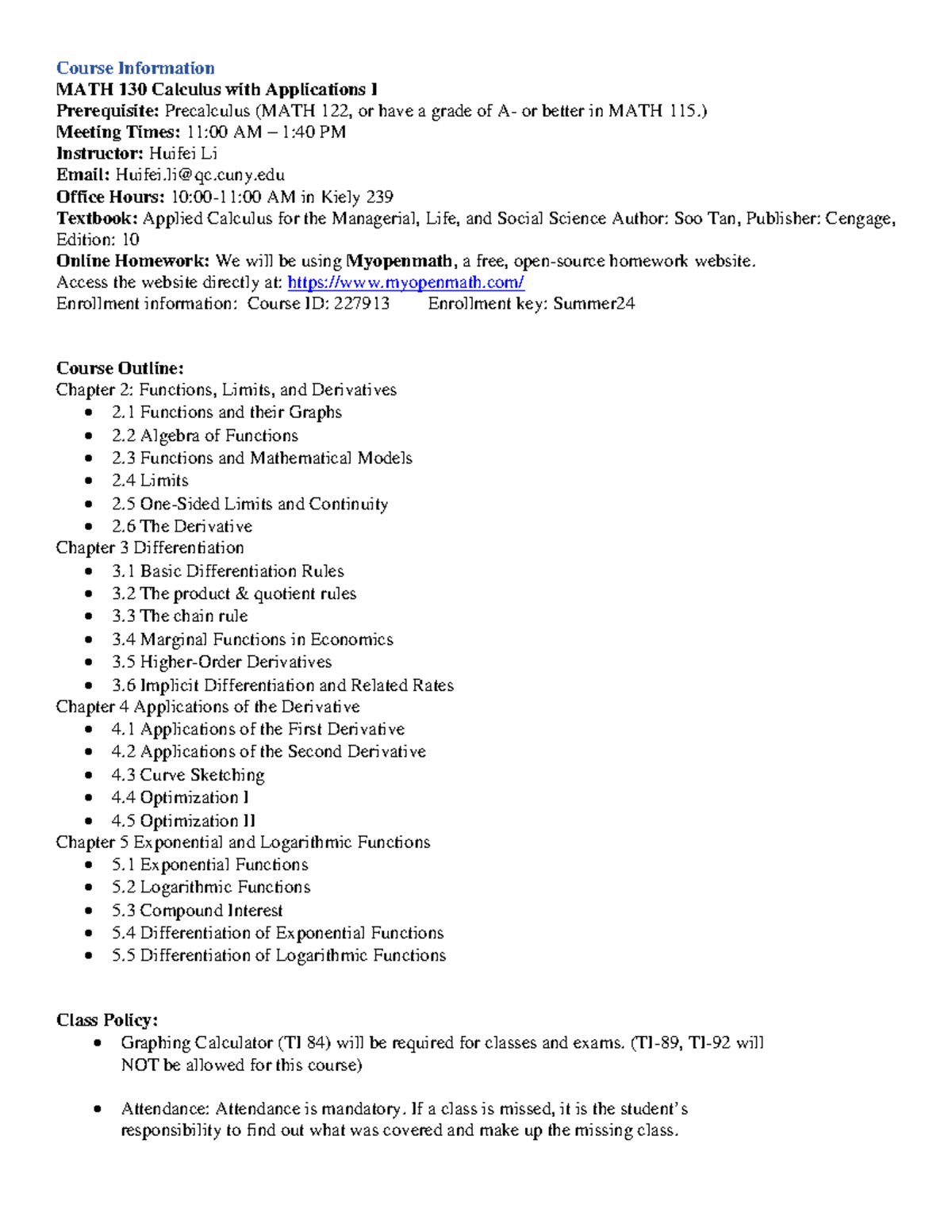 Math 131 Summer 2024 Syllabus - Course Information MATH 130 Calculus ...