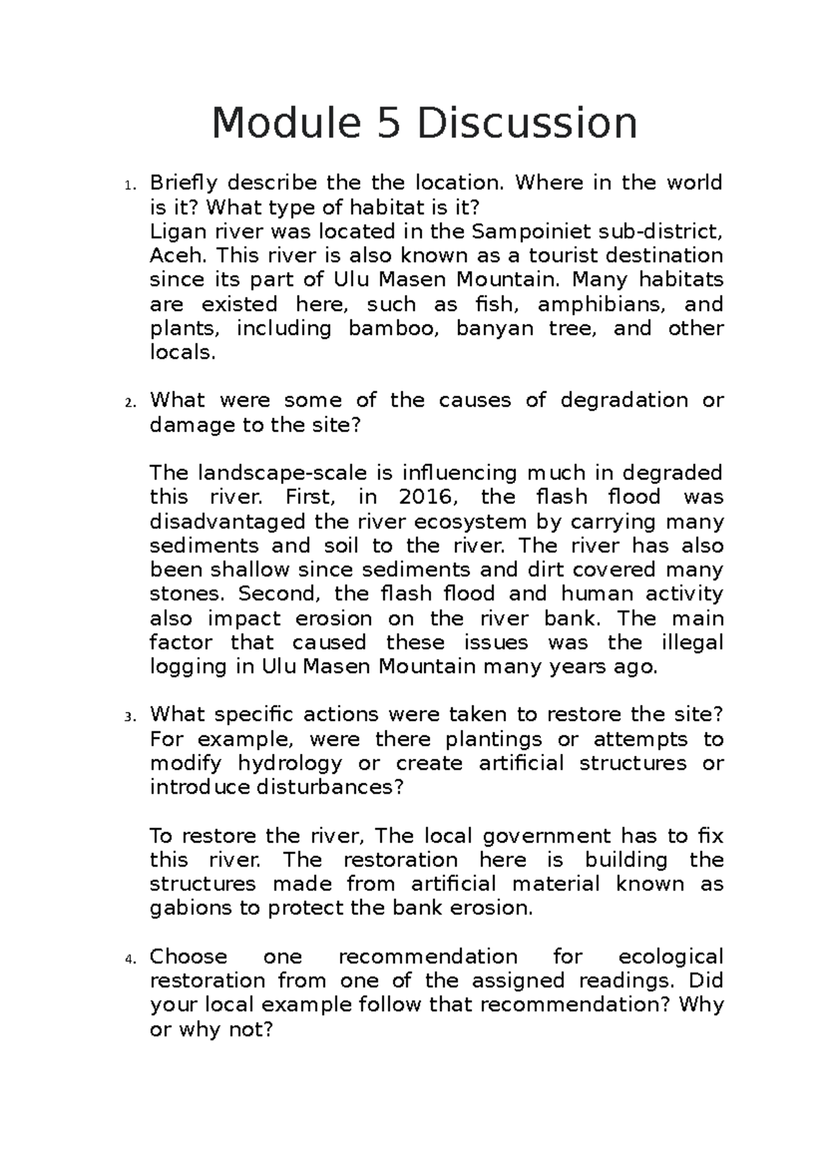 Module 5 Discussion - recommendation for ecological restoration (EVS 518) - Module 5 Discussion ...