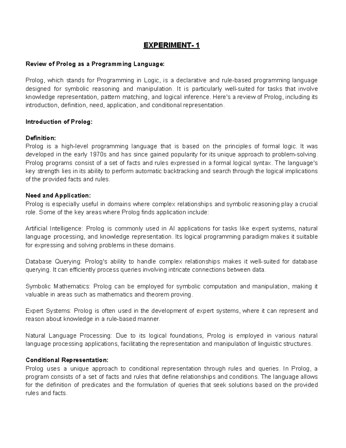 Ai Practical content - EXPERIMENT- 1 Review of Prolog as a Programming Language: Prolog, which ...